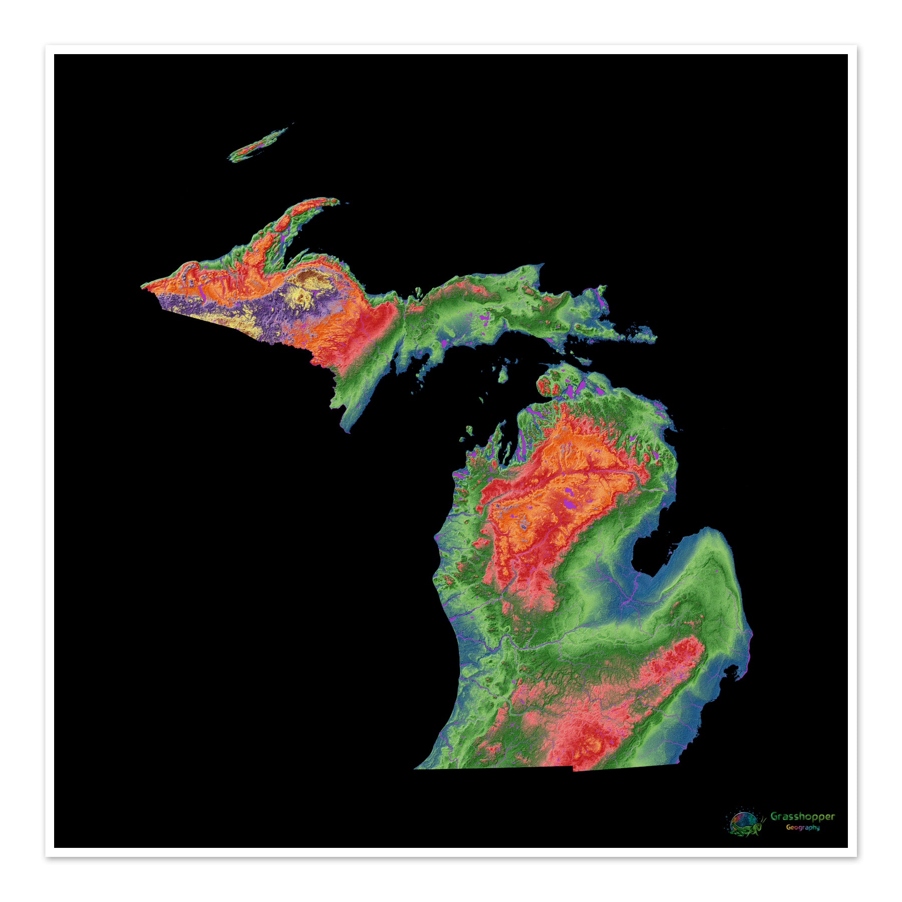 Michigan - Elevation map, black - Fine Art Print – Grasshopper Geography