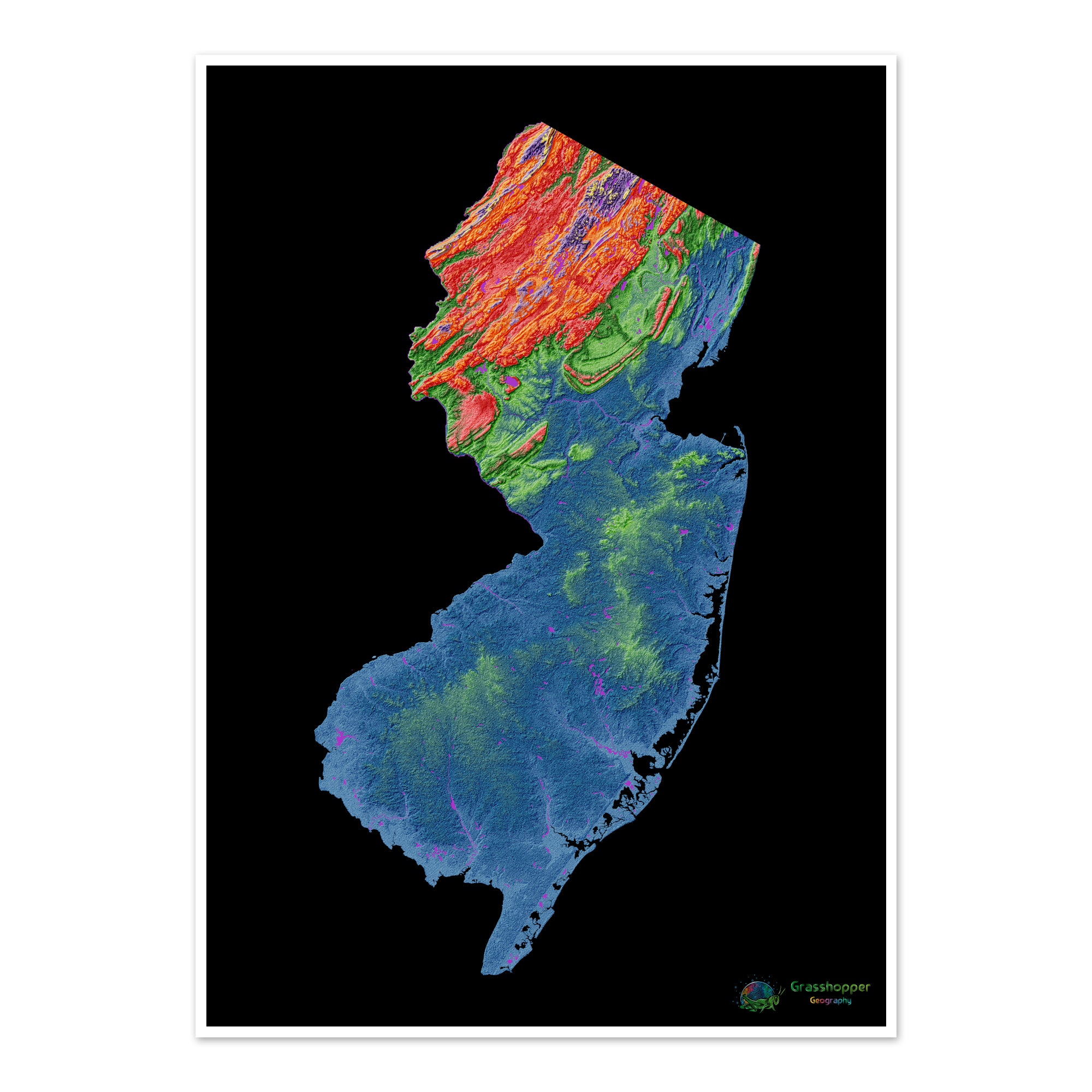 New Jersey - Elevation map, black - Fine Art Print – Grasshopper Geography