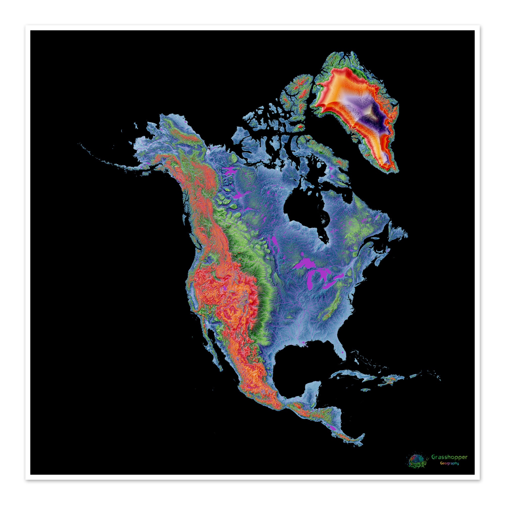 North America - Elevation map, black - Fine Art Print – Grasshopper ...