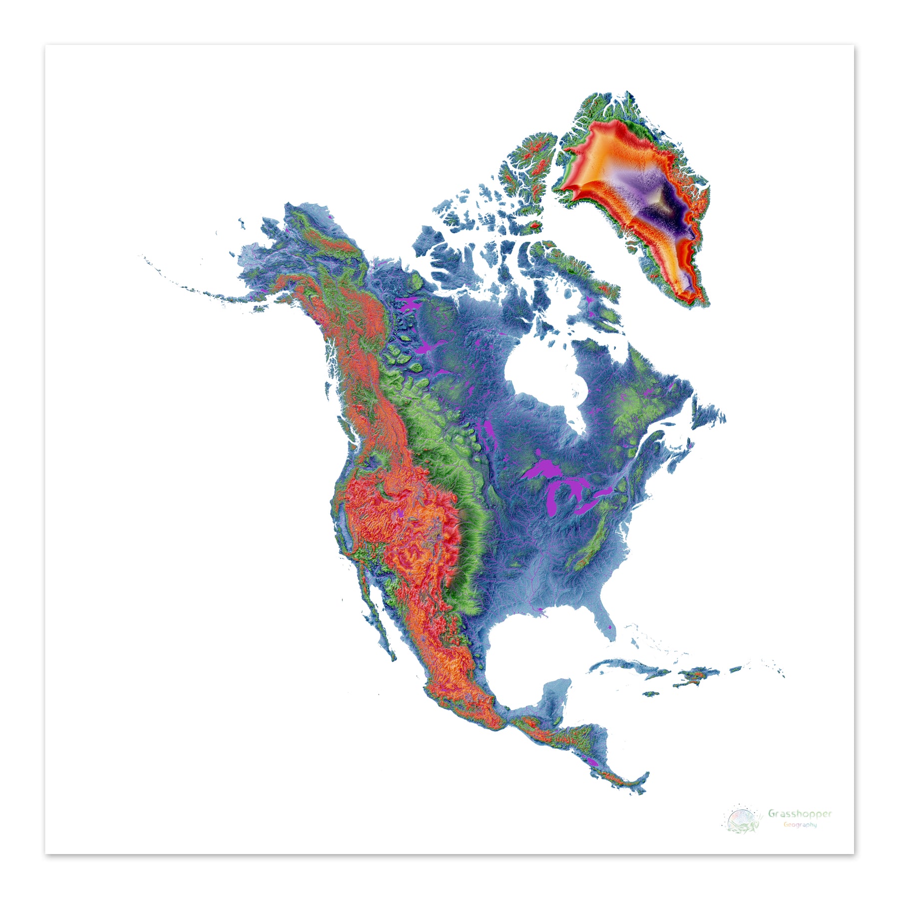 North America - Elevation map, white - Fine Art Print – Grasshopper ...