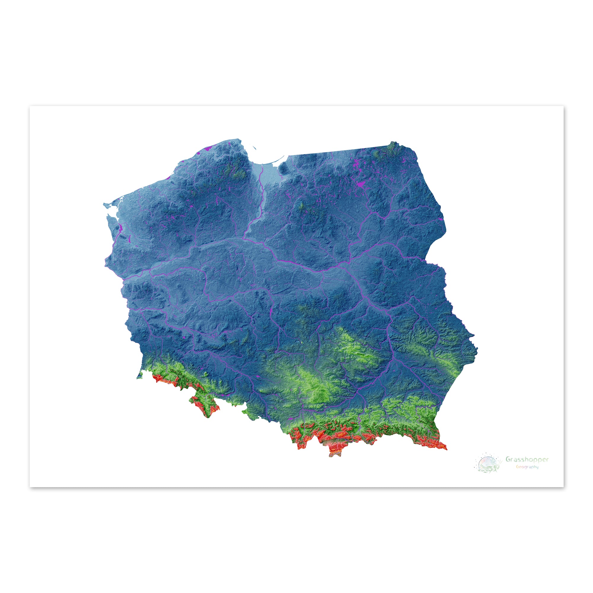 Poland - Elevation map, white - Fine Art Print – Grasshopper Geography