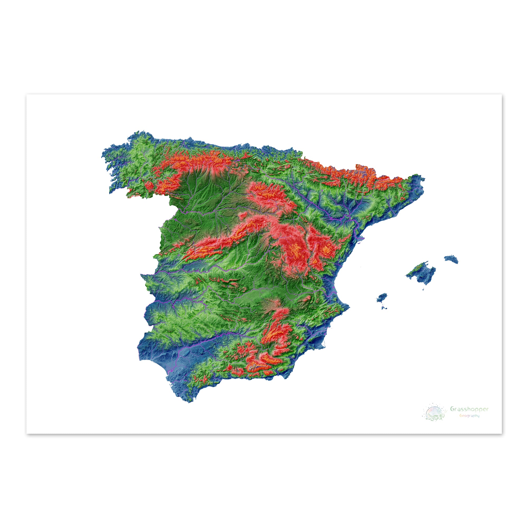 Spain - Elevation map, white - Fine Art Print – Grasshopper Geography
