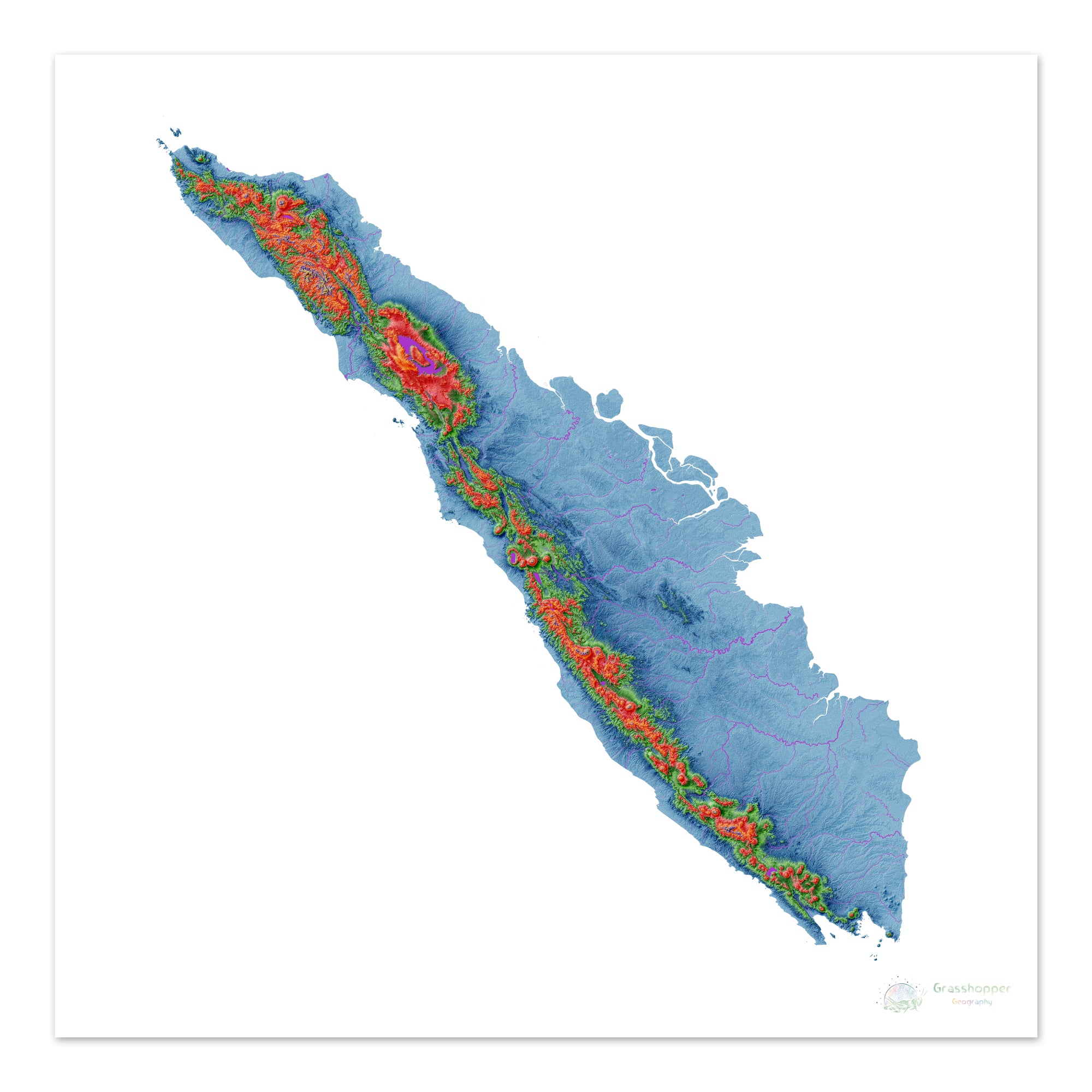 Sumatra - Elevation map, white - Fine Art Print – Grasshopper Geography
