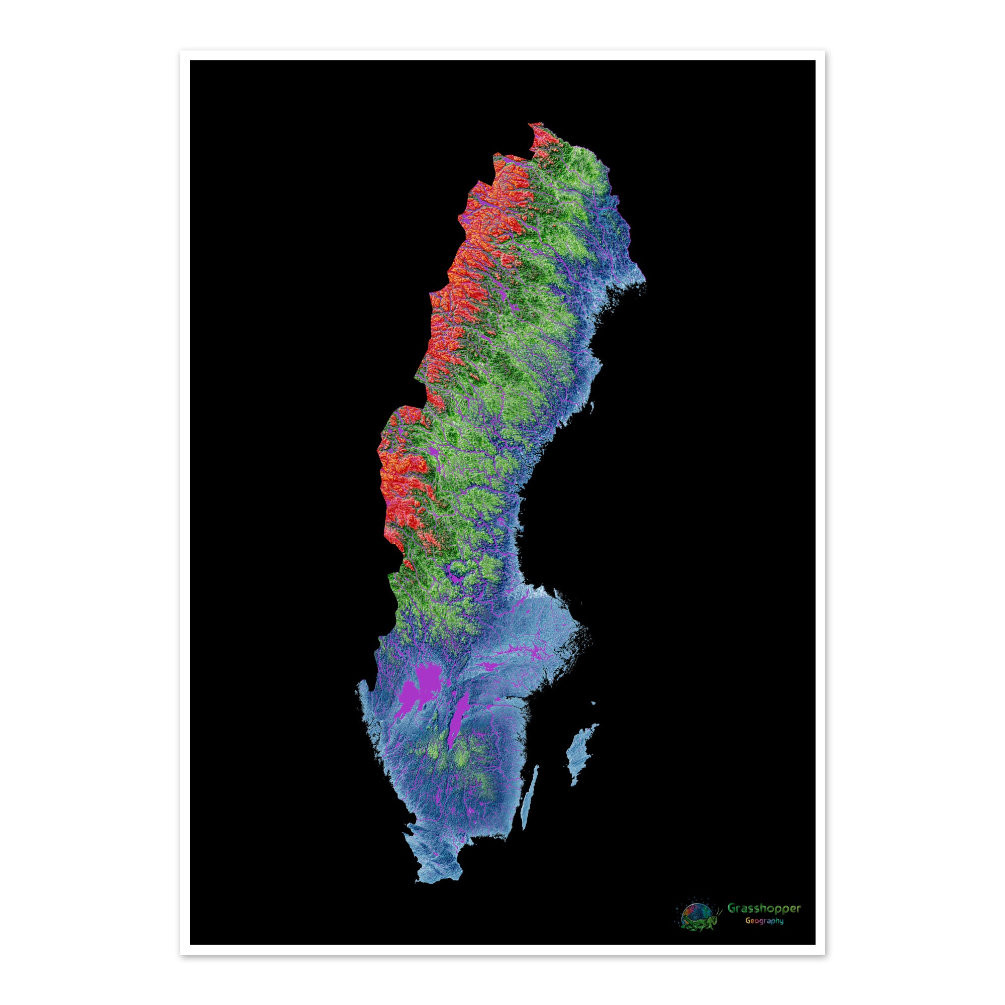 Sweden - Elevation map, black - Fine Art Print – Grasshopper Geography