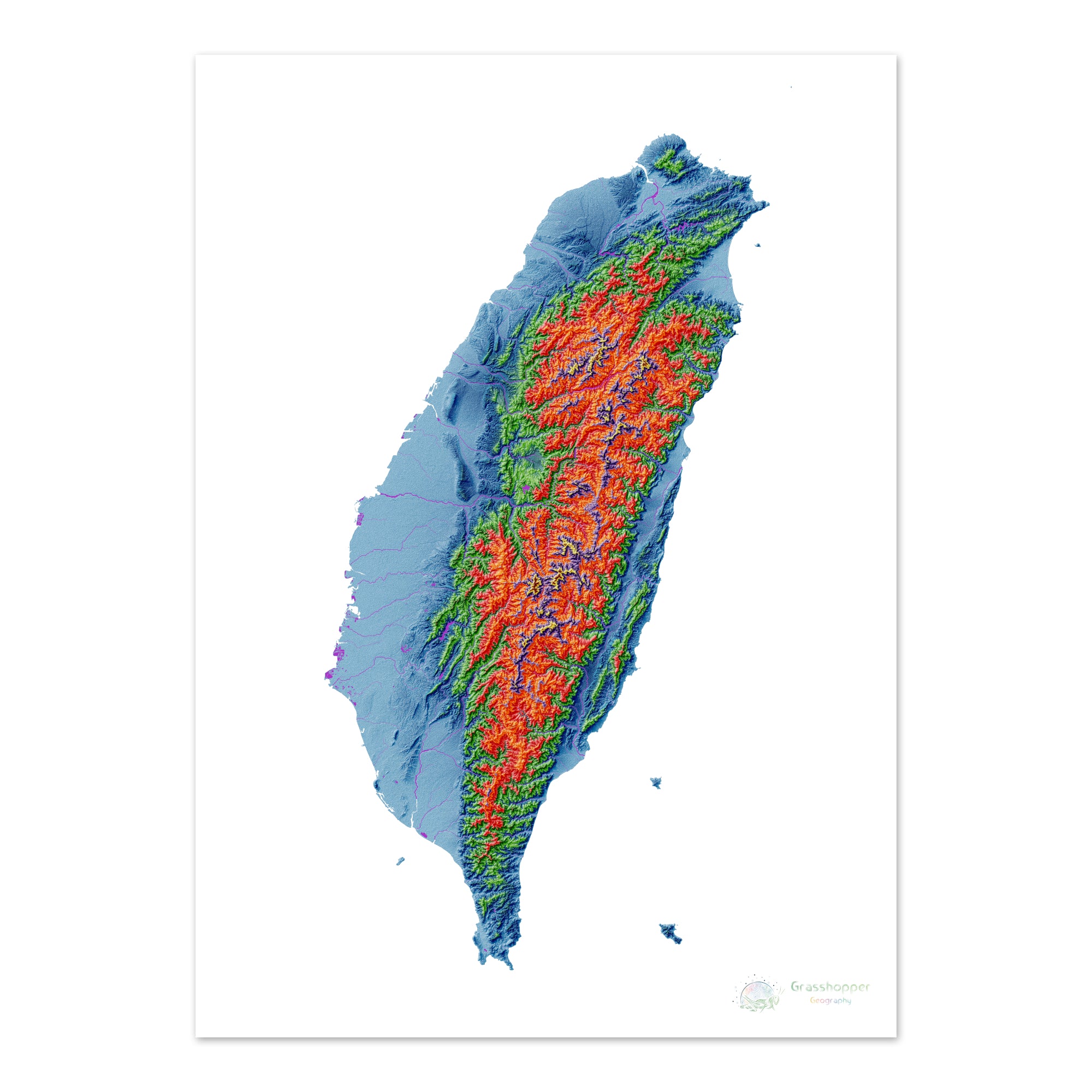 Taiwan - Elevation map, white - Fine Art Print – Grasshopper Geography