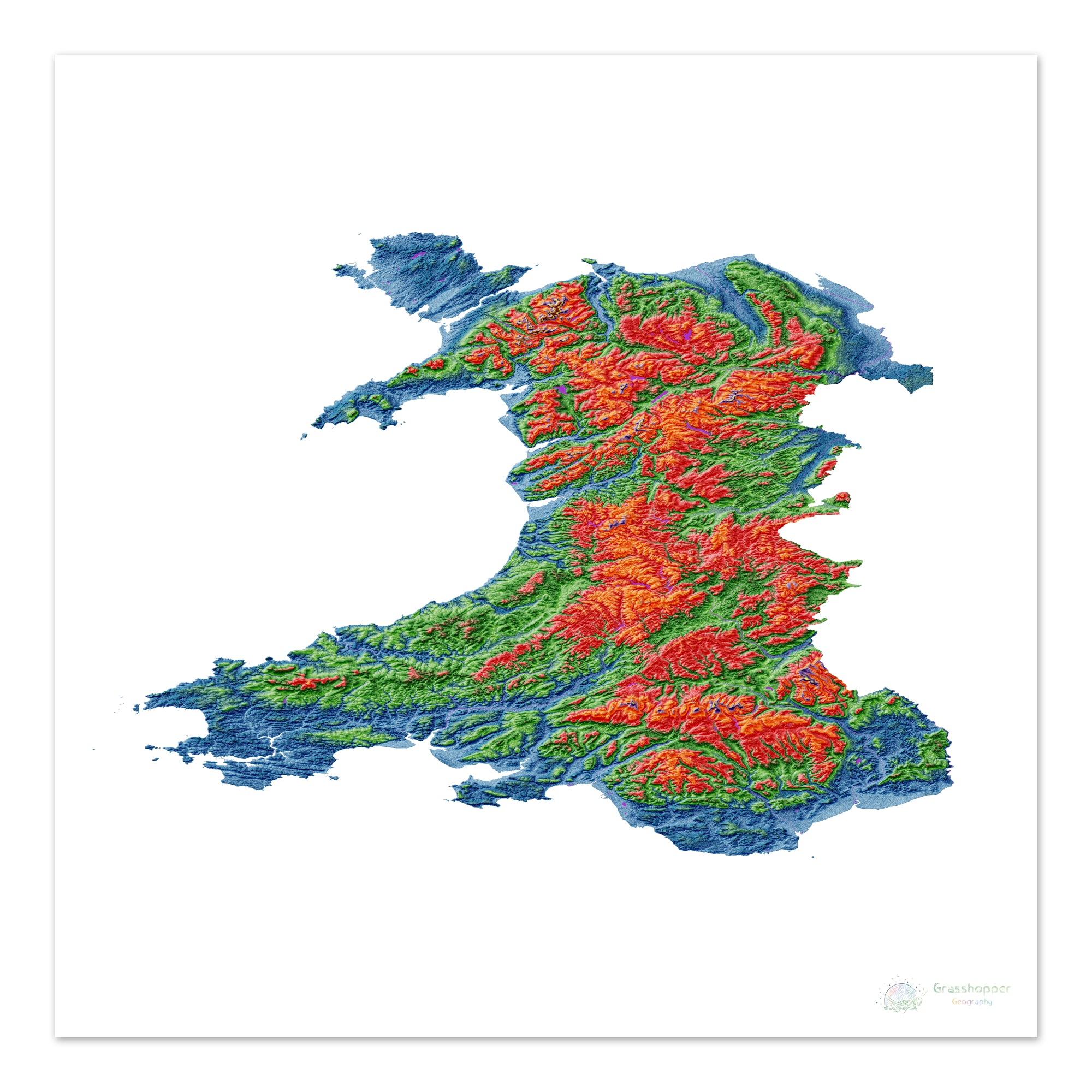 Wales - Elevation map, white - Fine Art Print – Grasshopper Geography