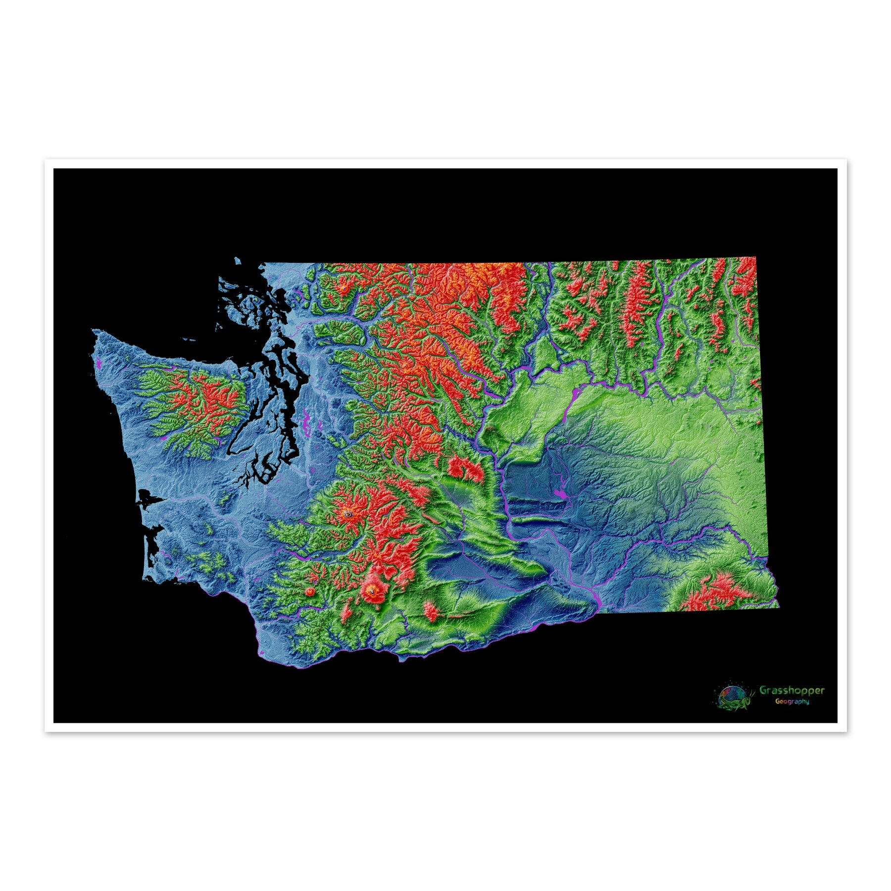 Washington - Elevation map, black - Fine Art Print – Grasshopper Geography