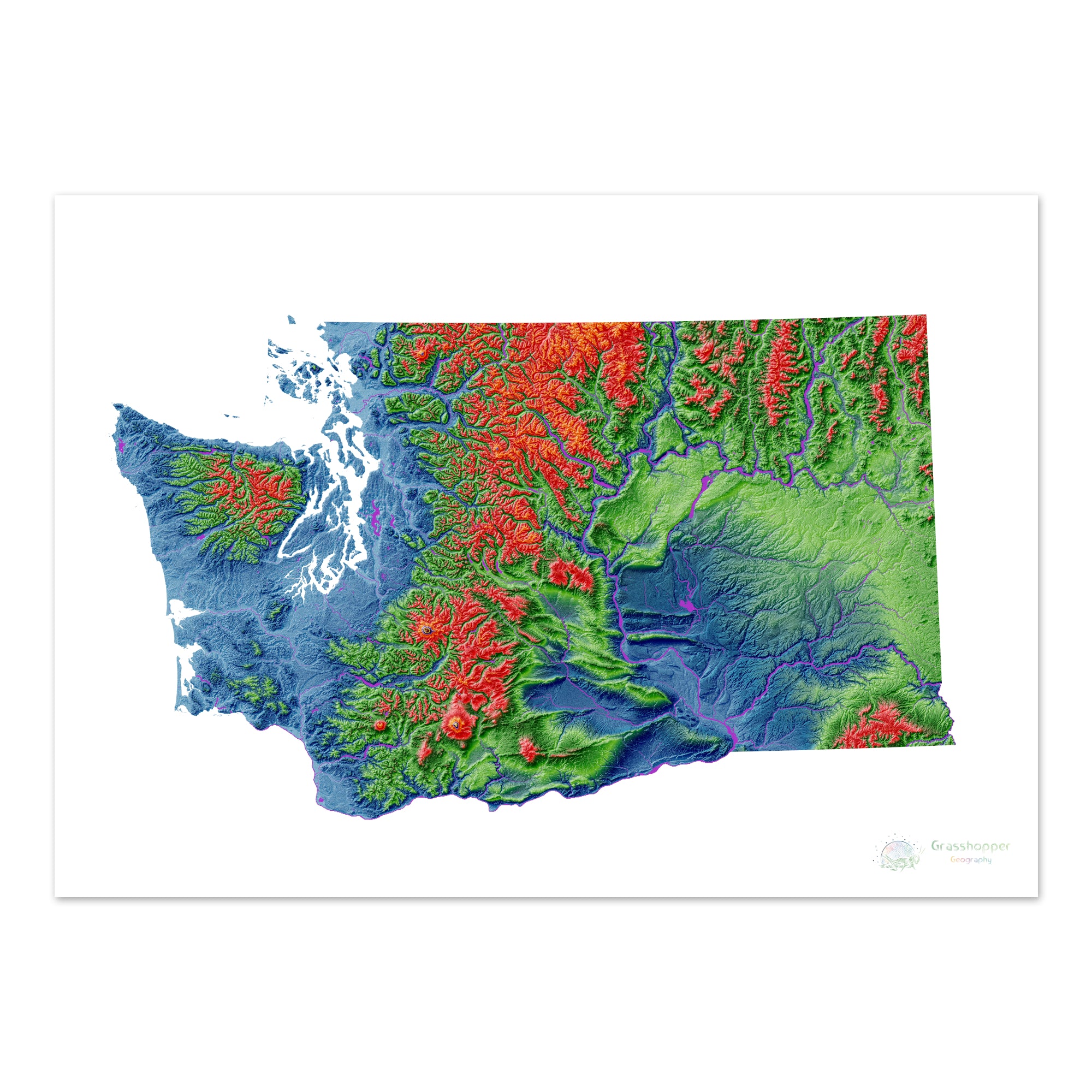 Washington - Elevation map, white - Fine Art Print – Grasshopper Geography