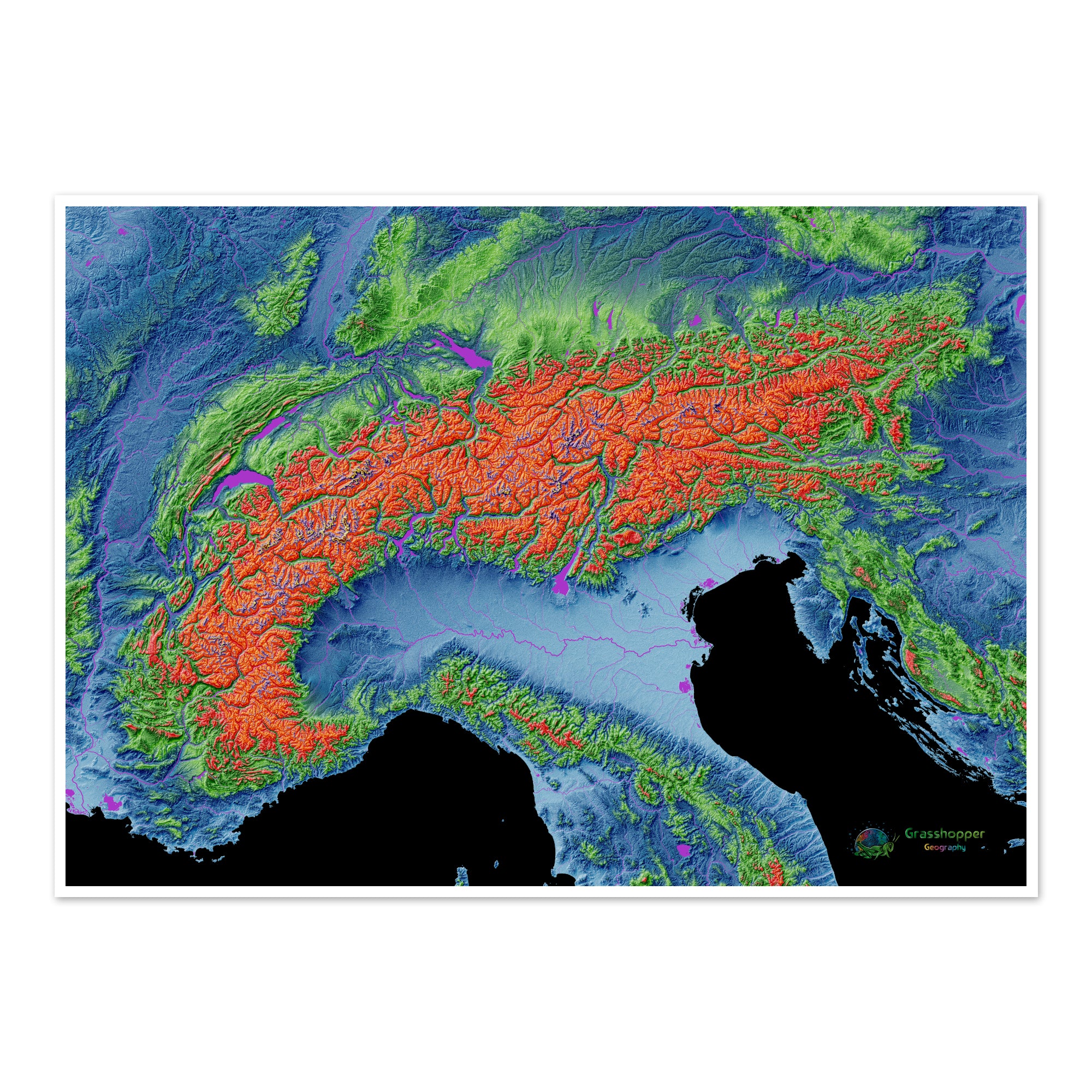 The Alps - Elevation map, black - Fine Art Print – Grasshopper Geography