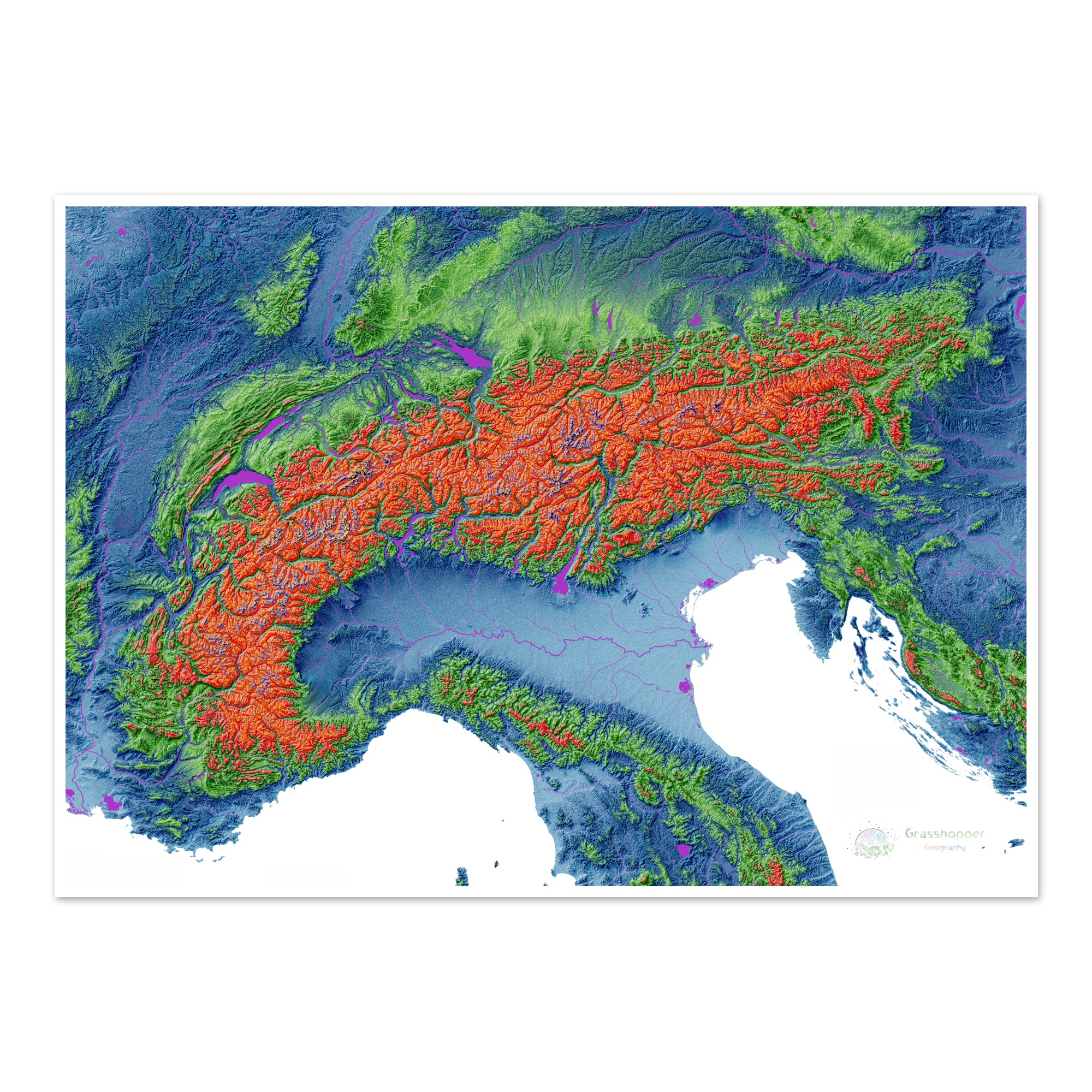 The Alps - Elevation map, white - Fine Art Print – Grasshopper Geography