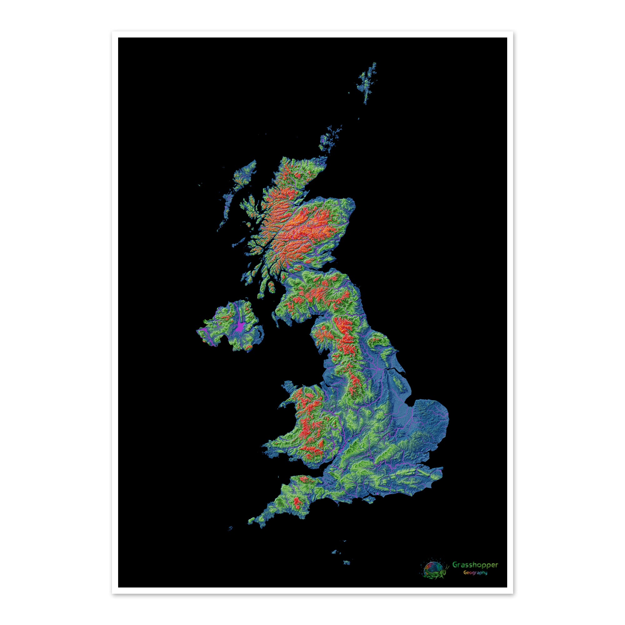The United Kingdom - Elevation map, black - Fine Art Print ...