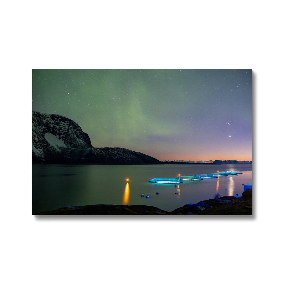 Fish pens across Lundøya with aurora V - Canvas – Grasshopper Geography