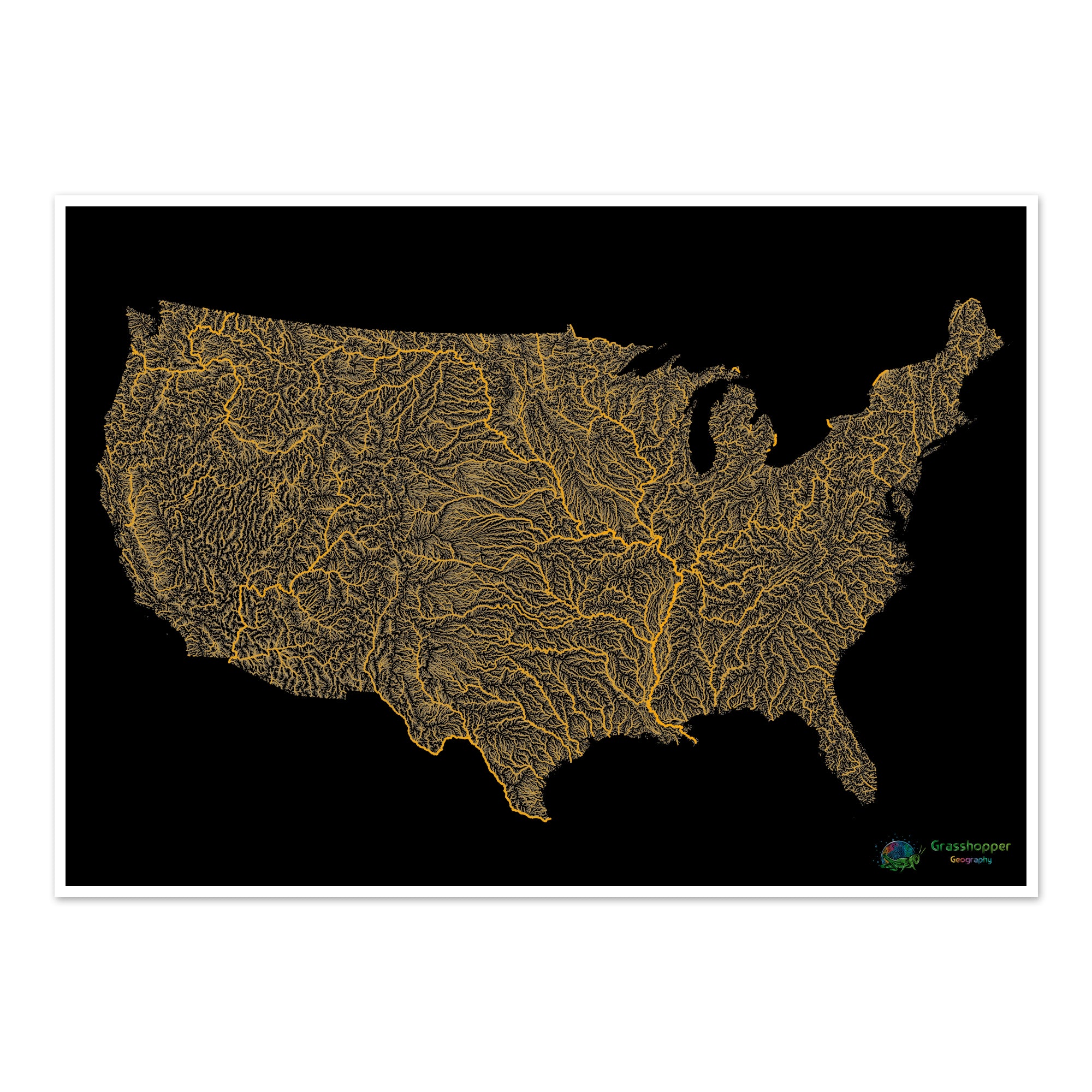 The United States - Grey and orange river map on black - Fine Art Prin ...