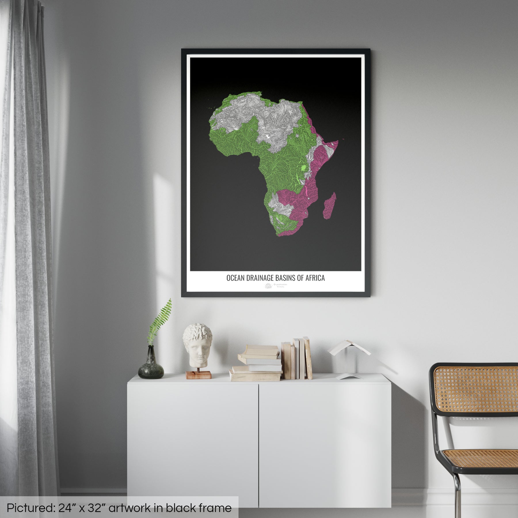 Africa Ocean Drainage Basin Map Black V1 Framed Print