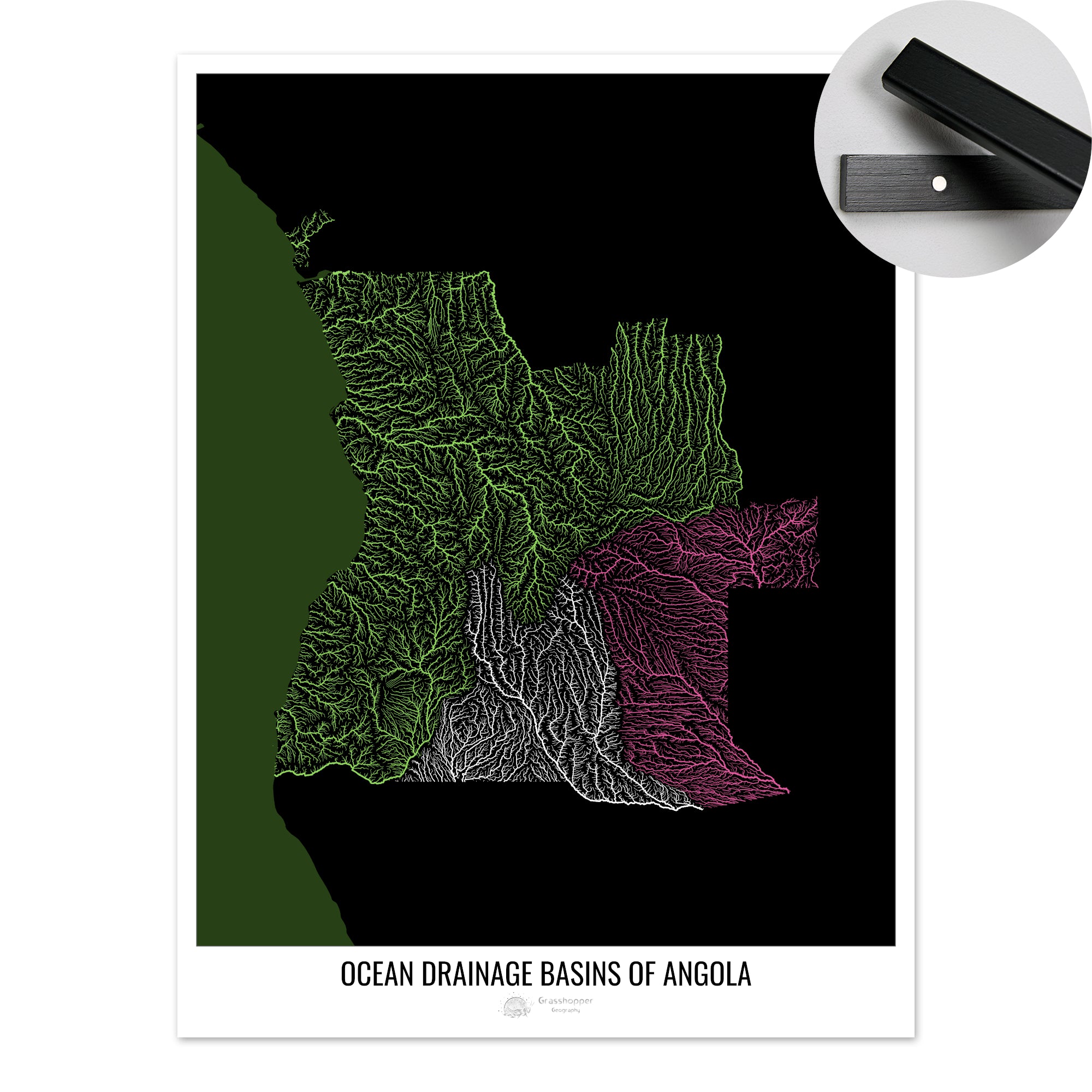 Angola Ocean Drainage Basin Map Black V2 Fine Art Print With Hang