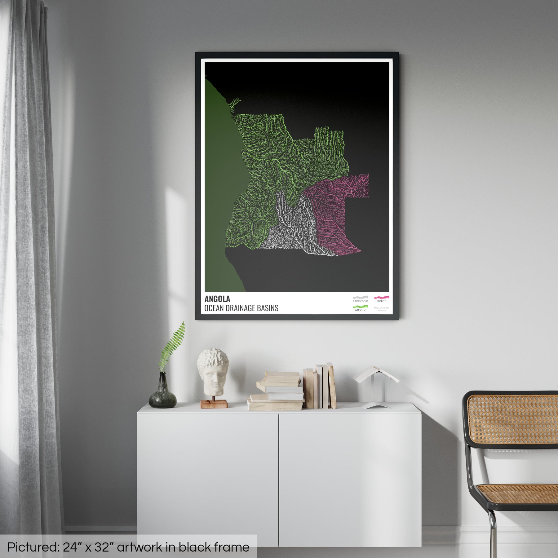 Angola - Ocean drainage basin map, black with legend v2 - Framed Print ...