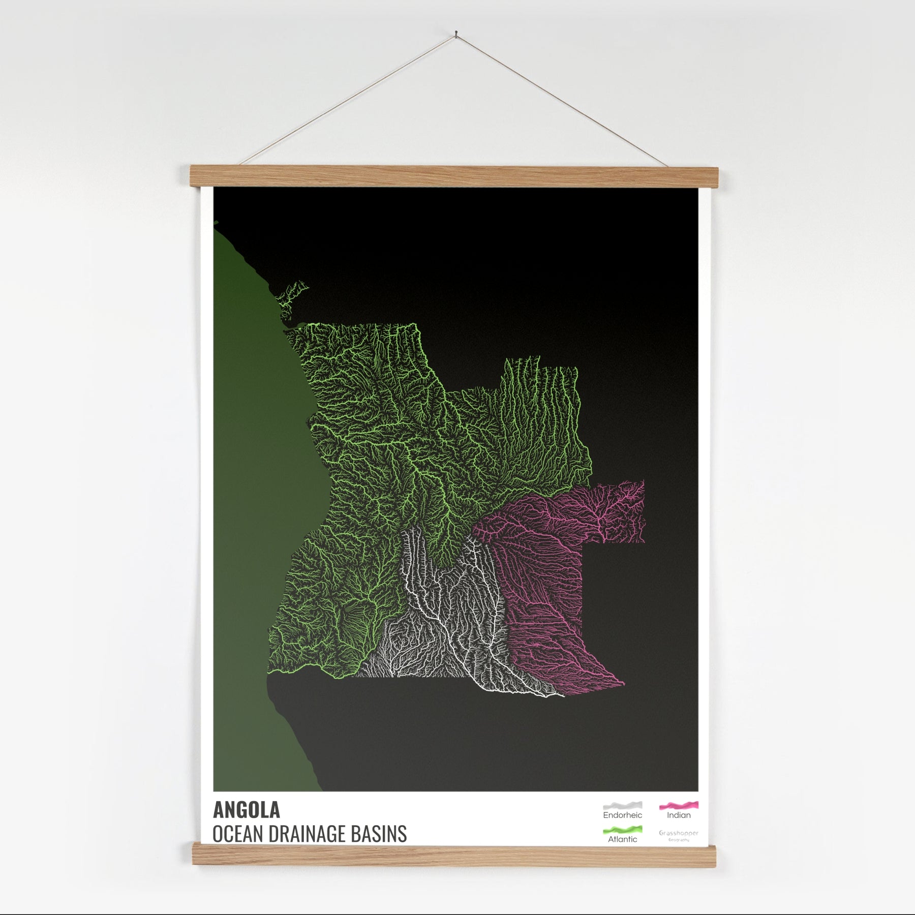 Angola - Ocean drainage basin map, black with legend v2 - Fine Art Pri ...