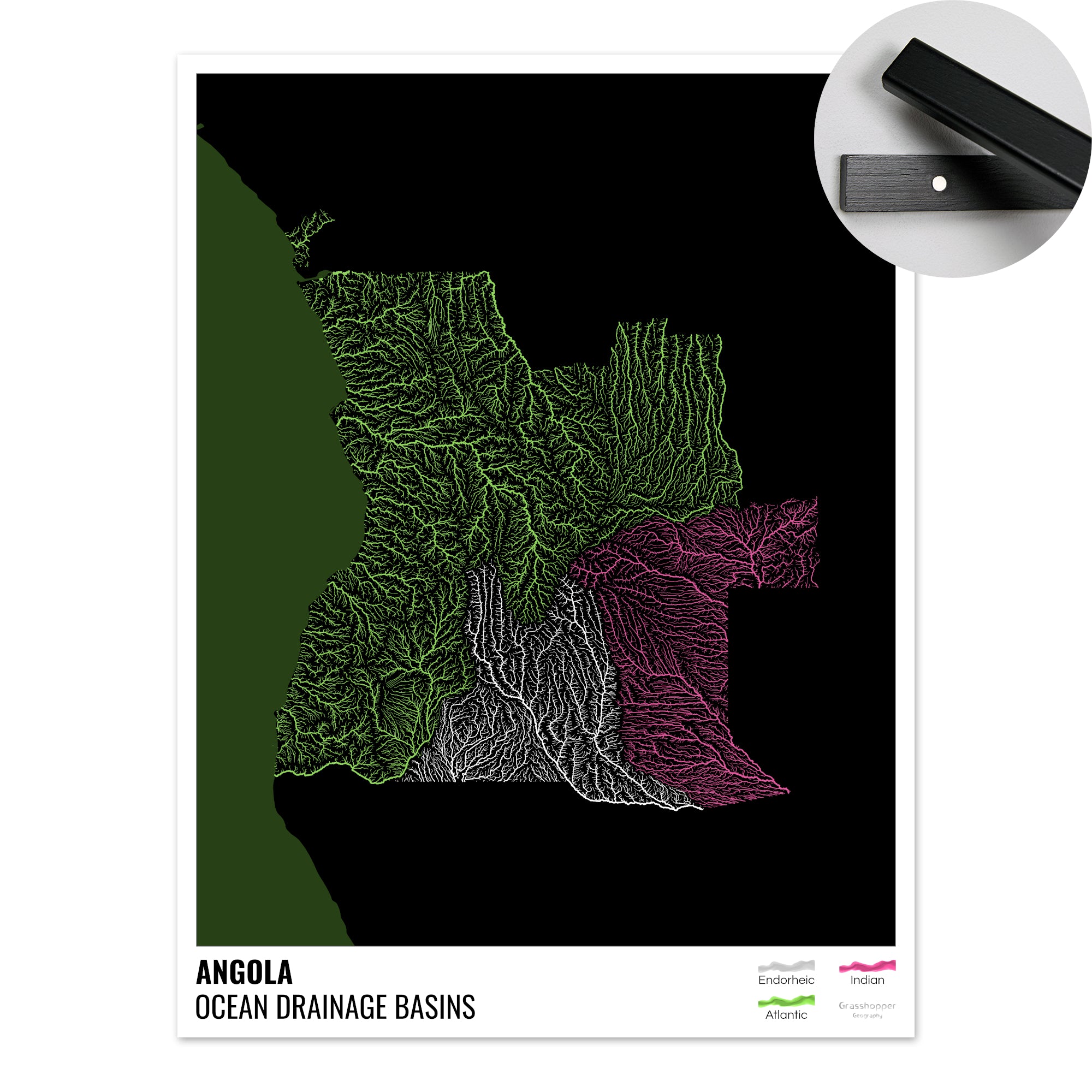 Angola - Ocean drainage basin map, black with legend v2 - Fine Art Pri ...