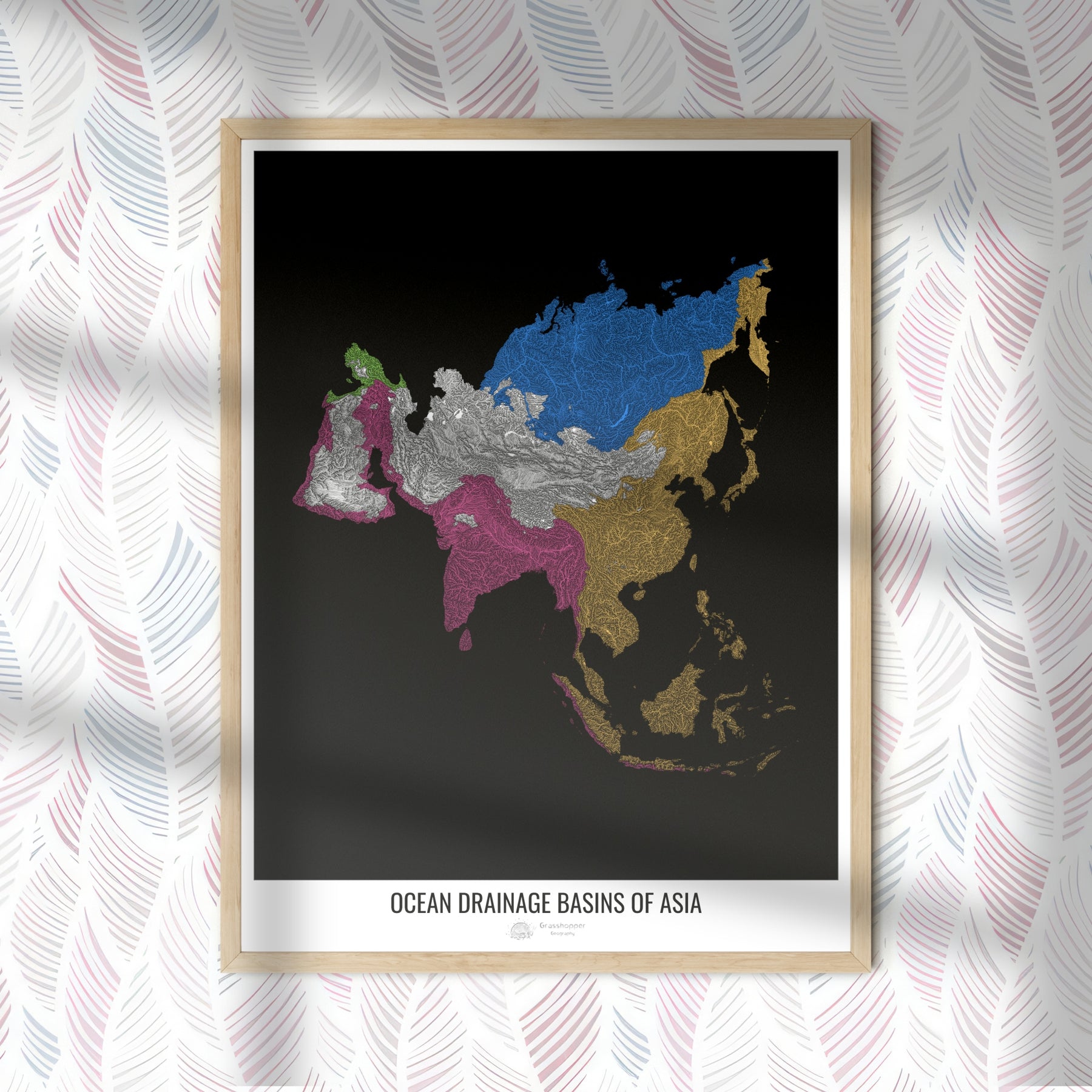 Asia Ocean Drainage Basin Map Black V1 Fine Art Print