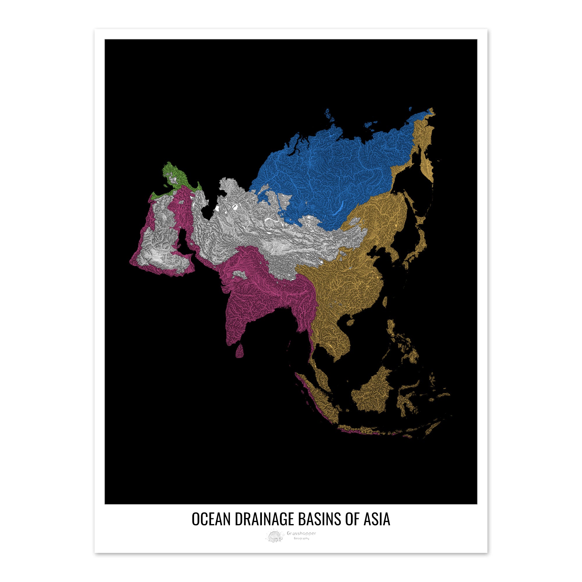 Asia Ocean Drainage Basin Map Black V1 Photo Art Print
