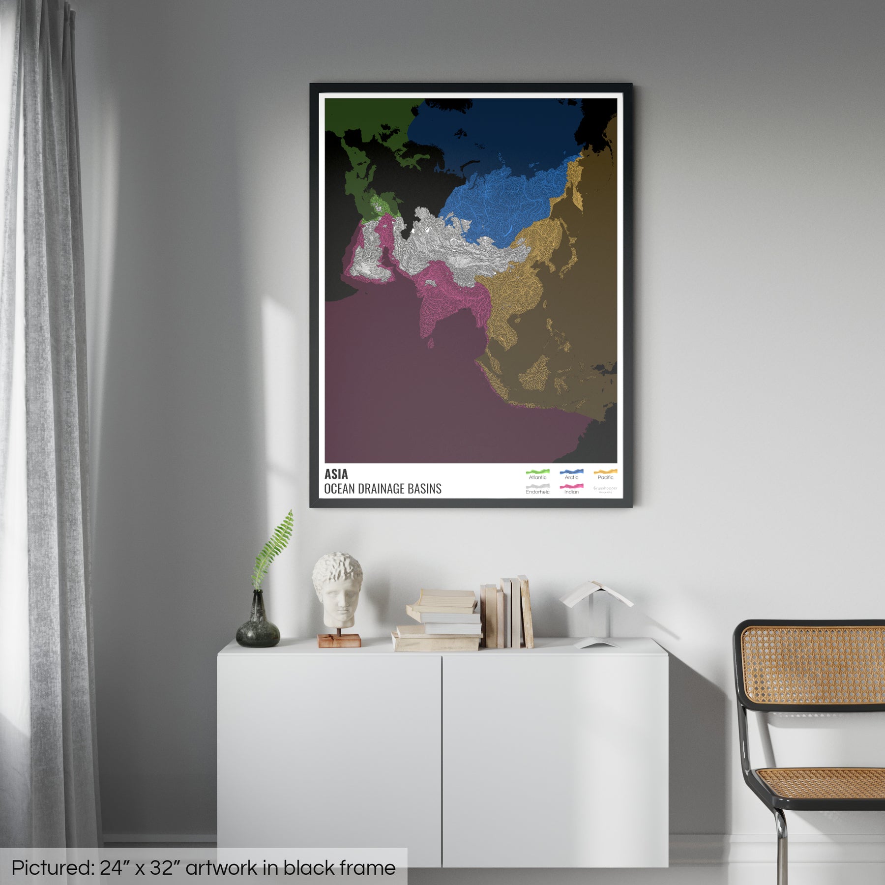Asia Ocean Drainage Basin Map Black With Legend V2 Framed Print