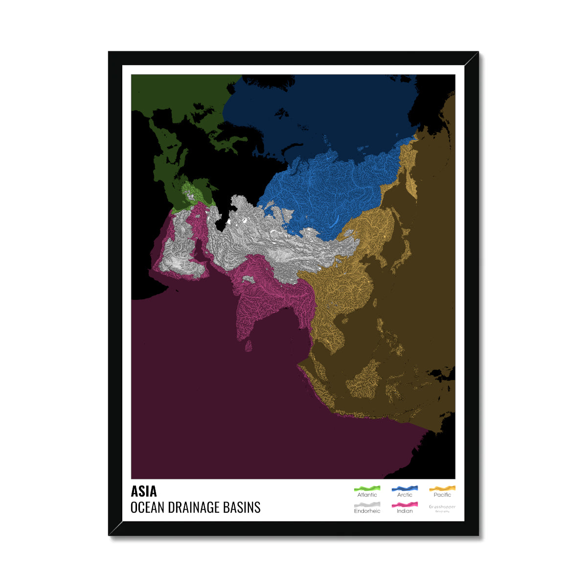Asia - Ocean drainage basin map, black with legend v2 - Framed Print ...