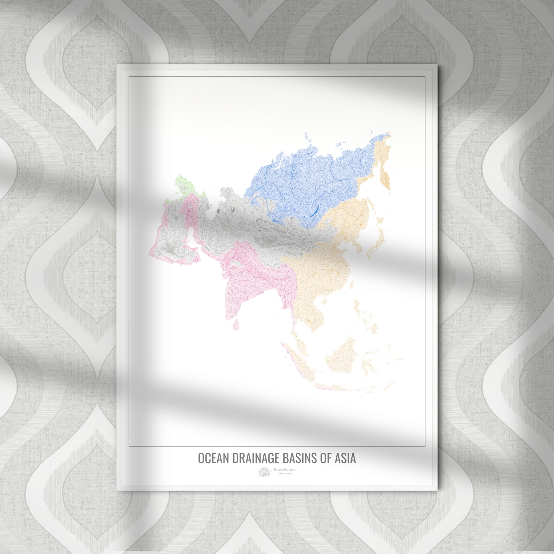 Asia Ocean Drainage Basin Map White V1 Fine Art Print