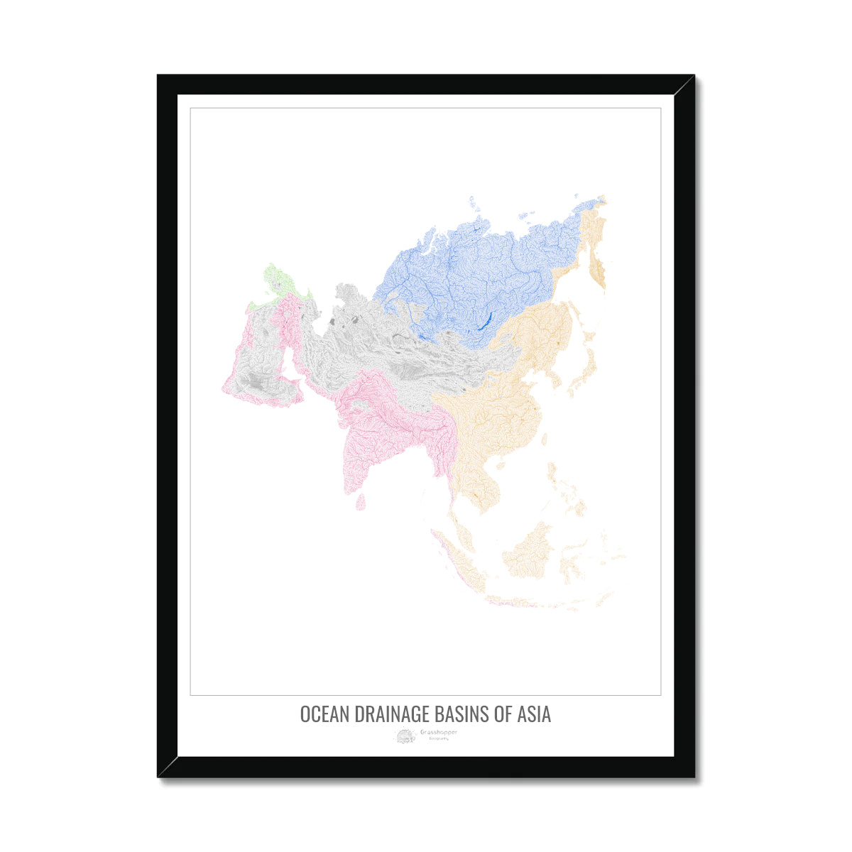 Asia Ocean Drainage Basin Map White V1 Framed Print Grasshopper