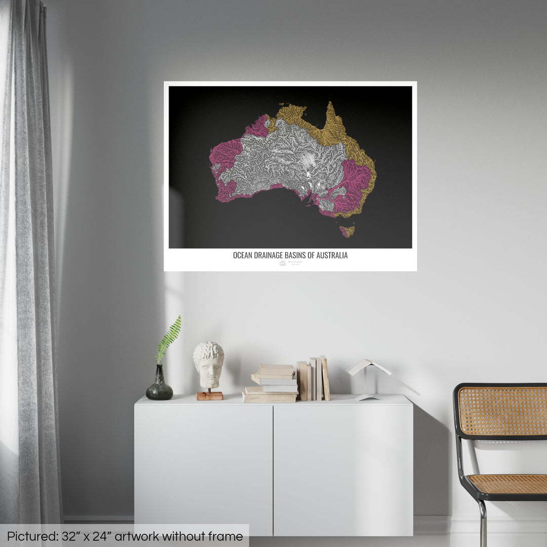 Australia Ocean Drainage Basin Map Black V1 Fine Art Print