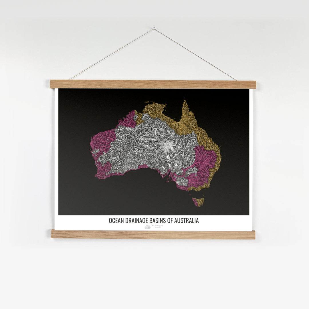 Australia Ocean Drainage Basin Map Black V1 Fine Art Print With H
