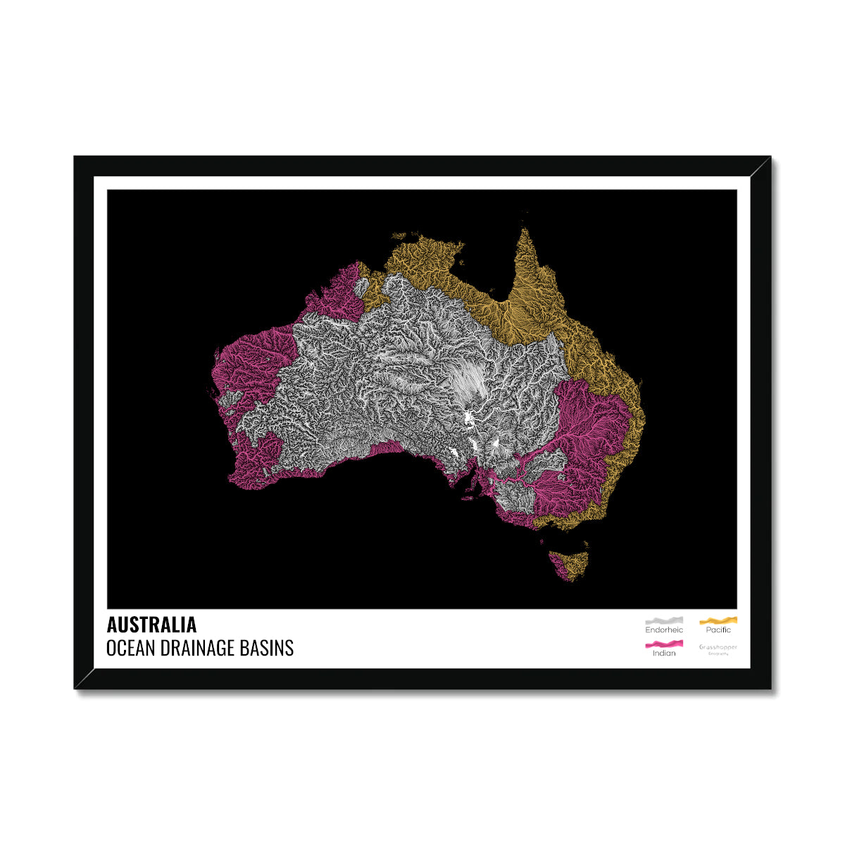 Australia - Ocean drainage basin map, black with legend v1 - Framed Pr ...