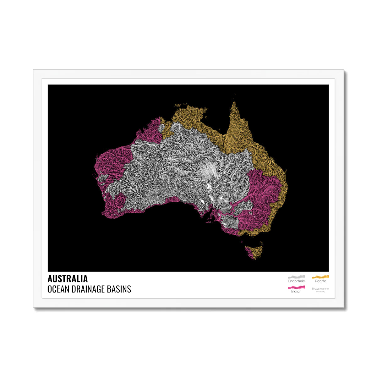Australia - Ocean drainage basin map, black with legend v1 - Framed Pr ...