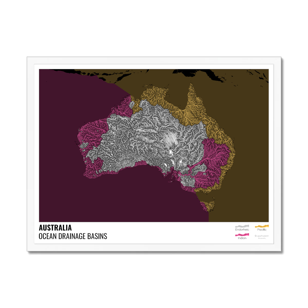 Australia - Ocean drainage basin map, black with legend v2 - Framed Pr ...