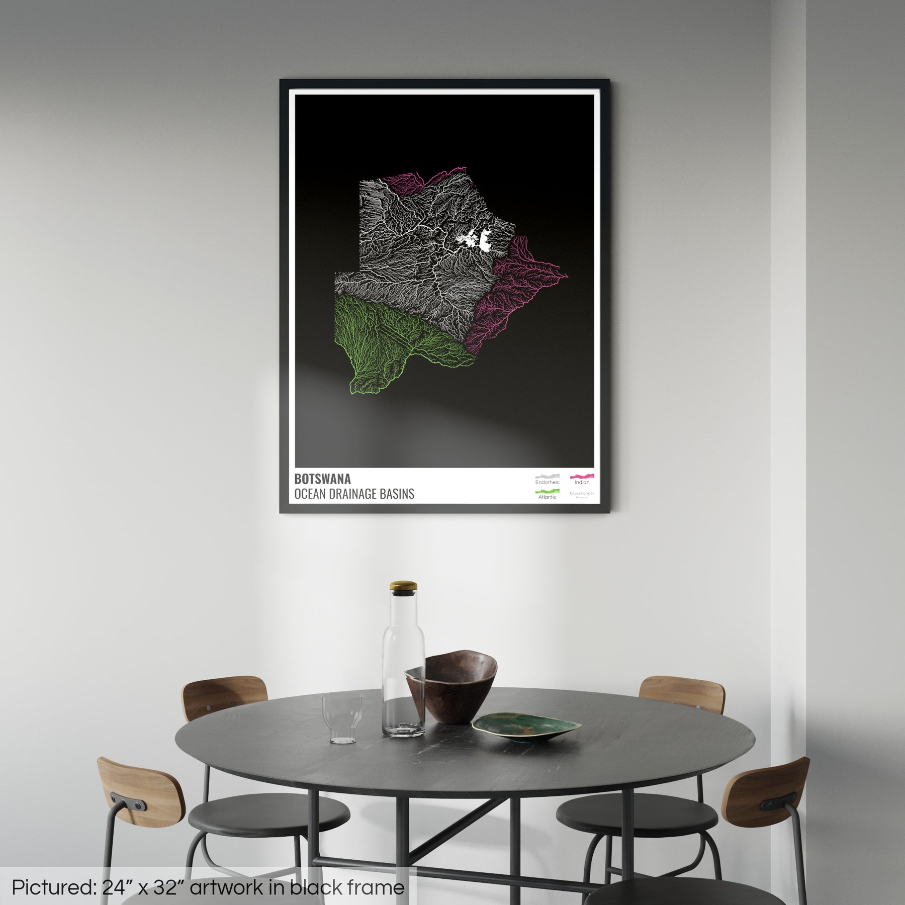 Botswana - Ocean drainage basin map, black with legend v1 - Framed Pri ...