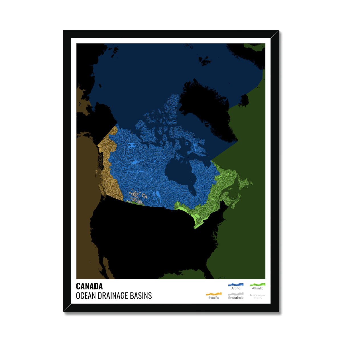 Canada Ocean Drainage Basin Map Black With Legend V2 Framed Print
