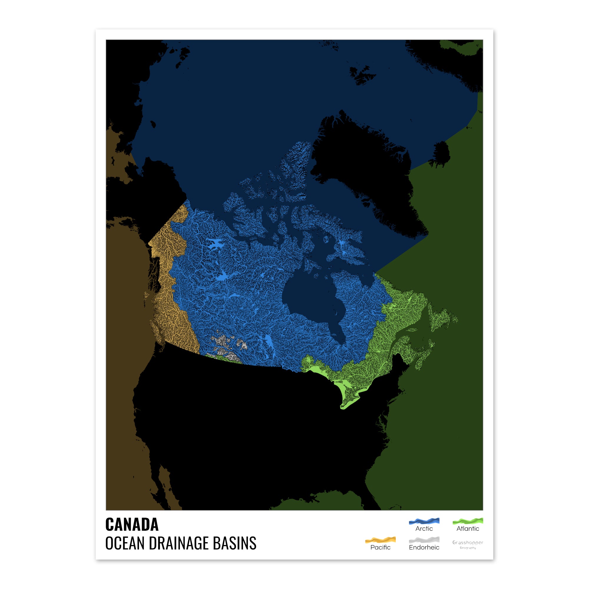 Canada - Ocean drainage basin map, black with legend v2 - Fine Art Pri ...