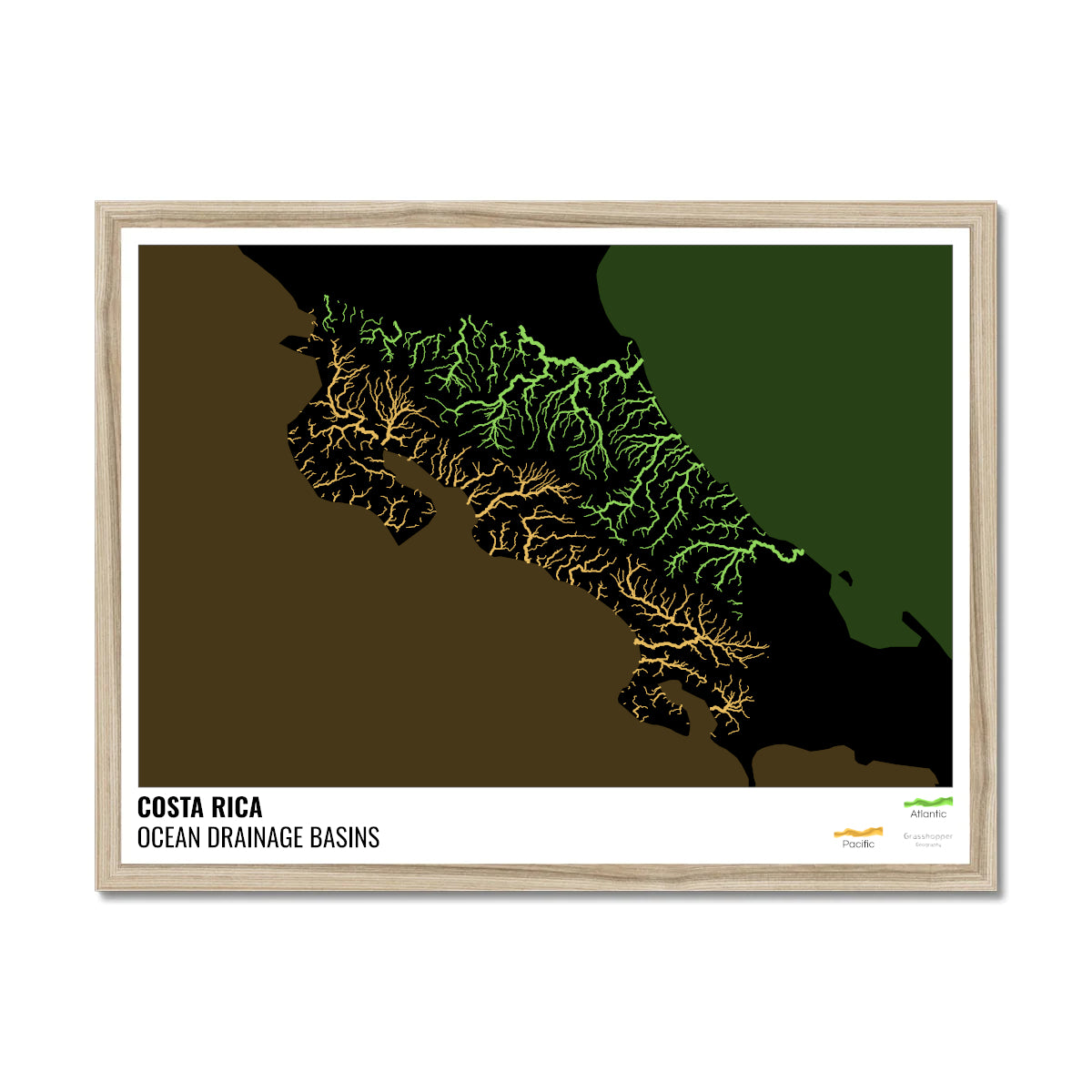 Costa Rica - Ocean drainage basin map, black with legend v2 - Framed P ...