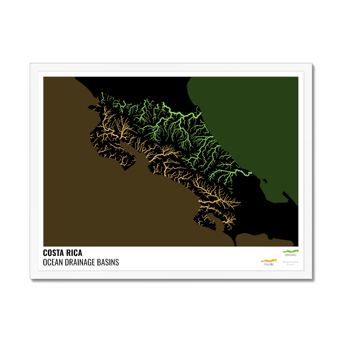 Costa Rica - Ocean drainage basin map, black with legend v2 - Framed P ...