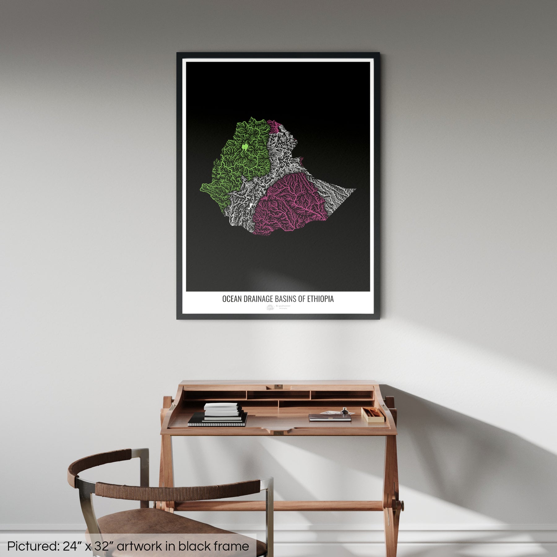 Ethiopia Ocean Drainage Basin Map Black V1 Framed Print