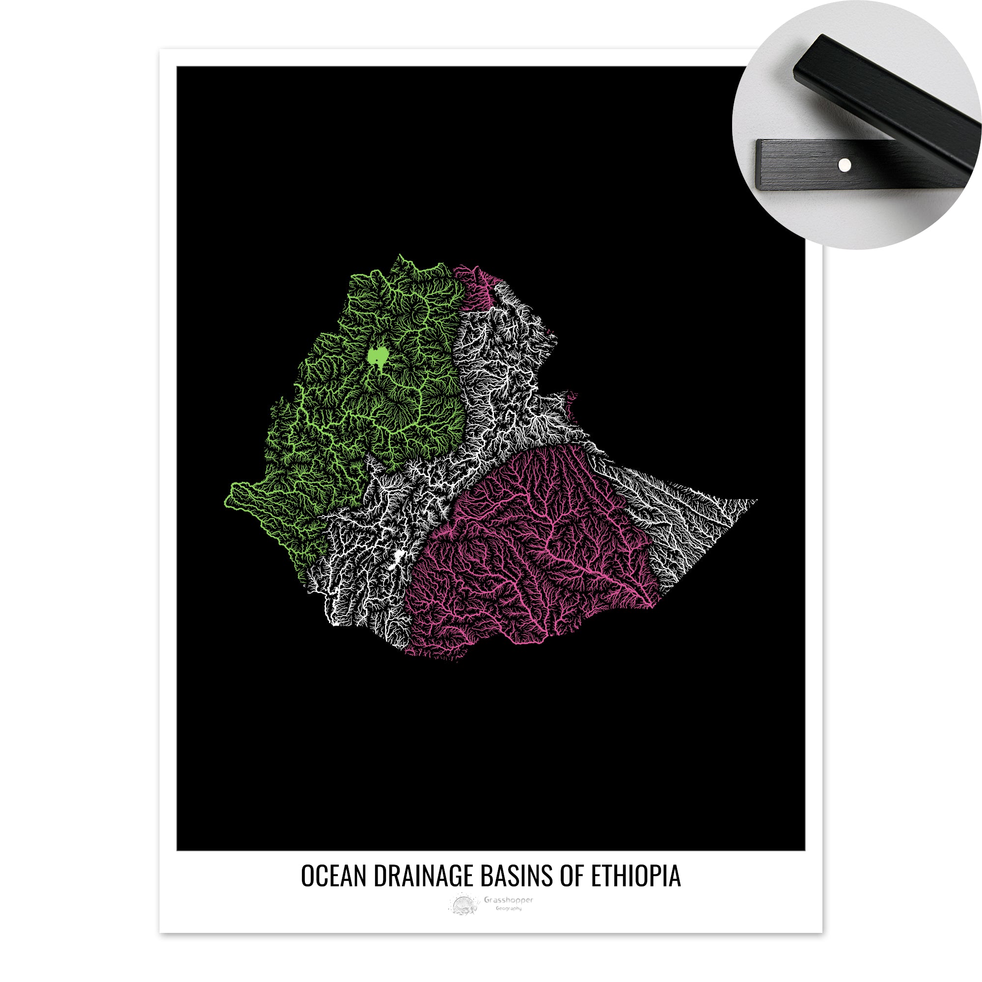Ethiopia Ocean Drainage Basin Map Black V1 Fine Art Print With Ha