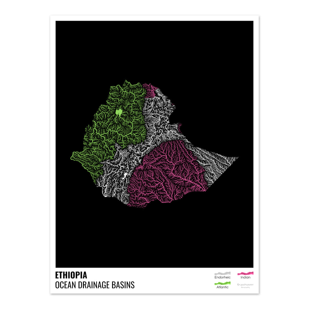 Ethiopia Ocean Drainage Basin Map Black With Legend V1 Fine Art P