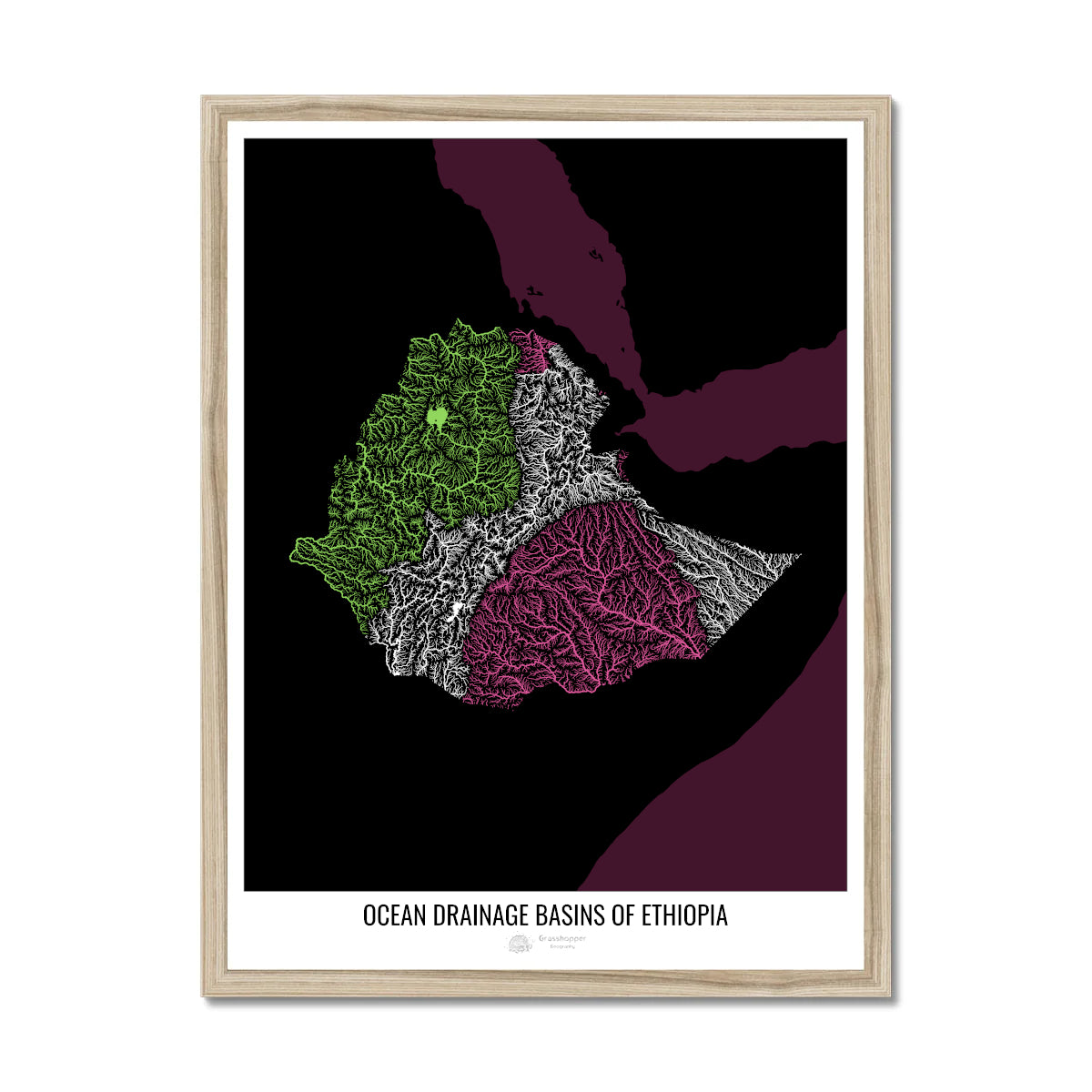 Ethiopia Ocean Drainage Basin Map Black V2 Framed Print