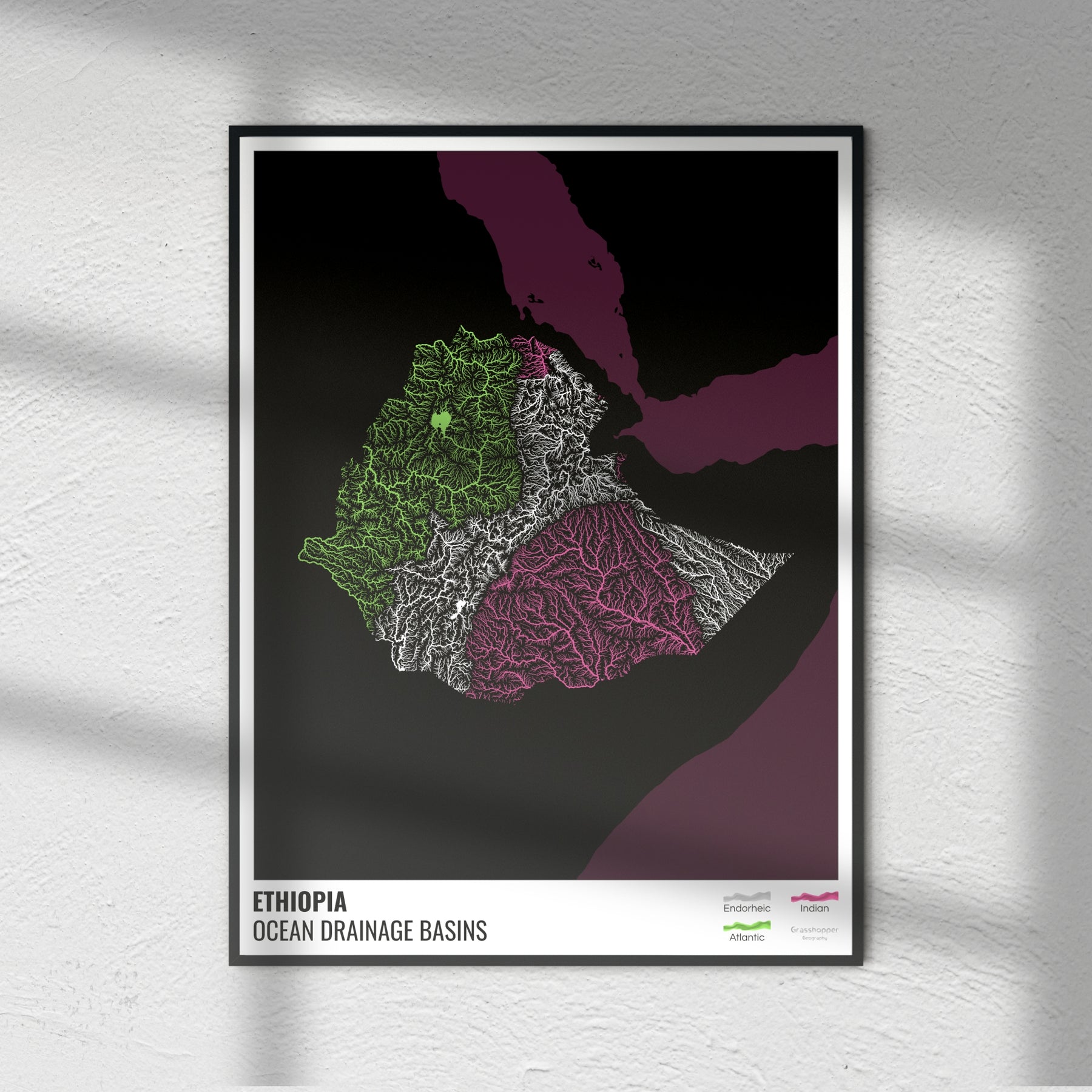 Ethiopia Ocean Drainage Basin Map Black With Legend V2 Fine Art P