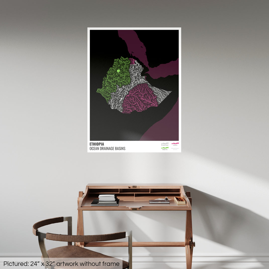 Ethiopia Ocean Drainage Basin Map Black With Legend V2 Fine Art P