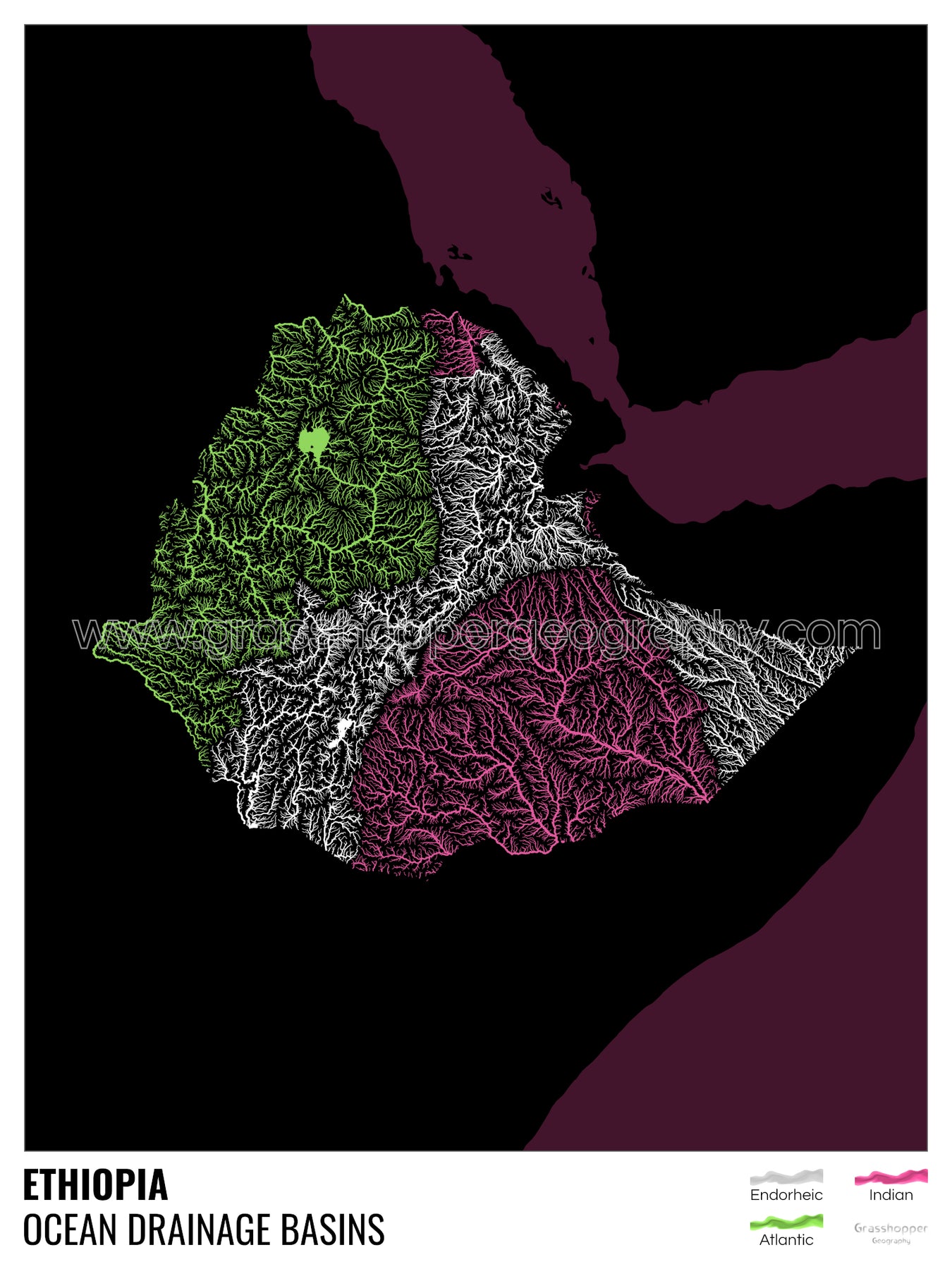 Ethiopia Ocean Drainage Basin Map Black With Legend V2 Photo Art
