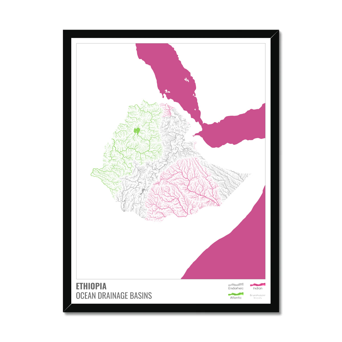 Ethiopia Ocean Drainage Basin Map White With Legend V2 Framed Pri
