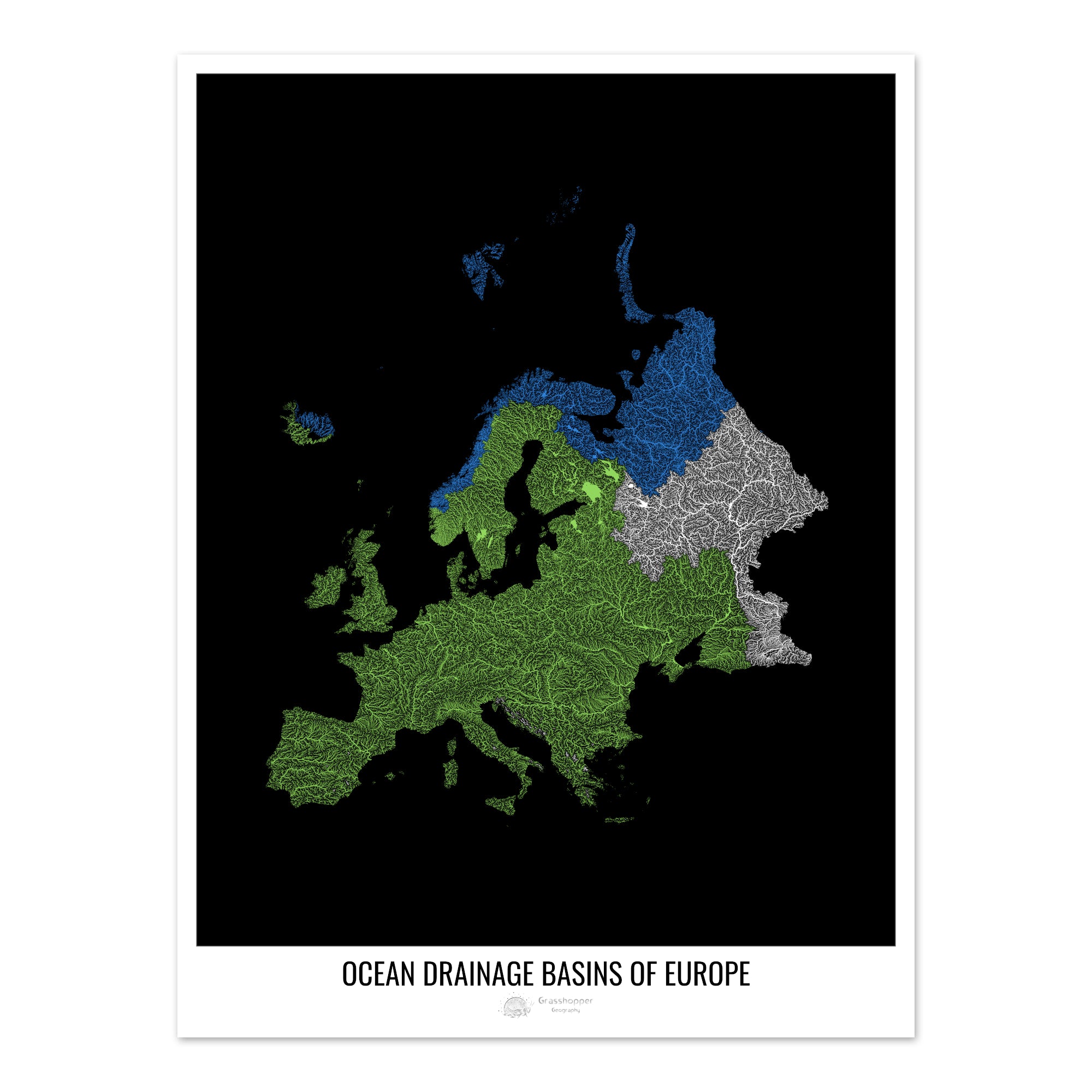 Europe - Ocean drainage basin map, black v1 - Fine Art Print ...