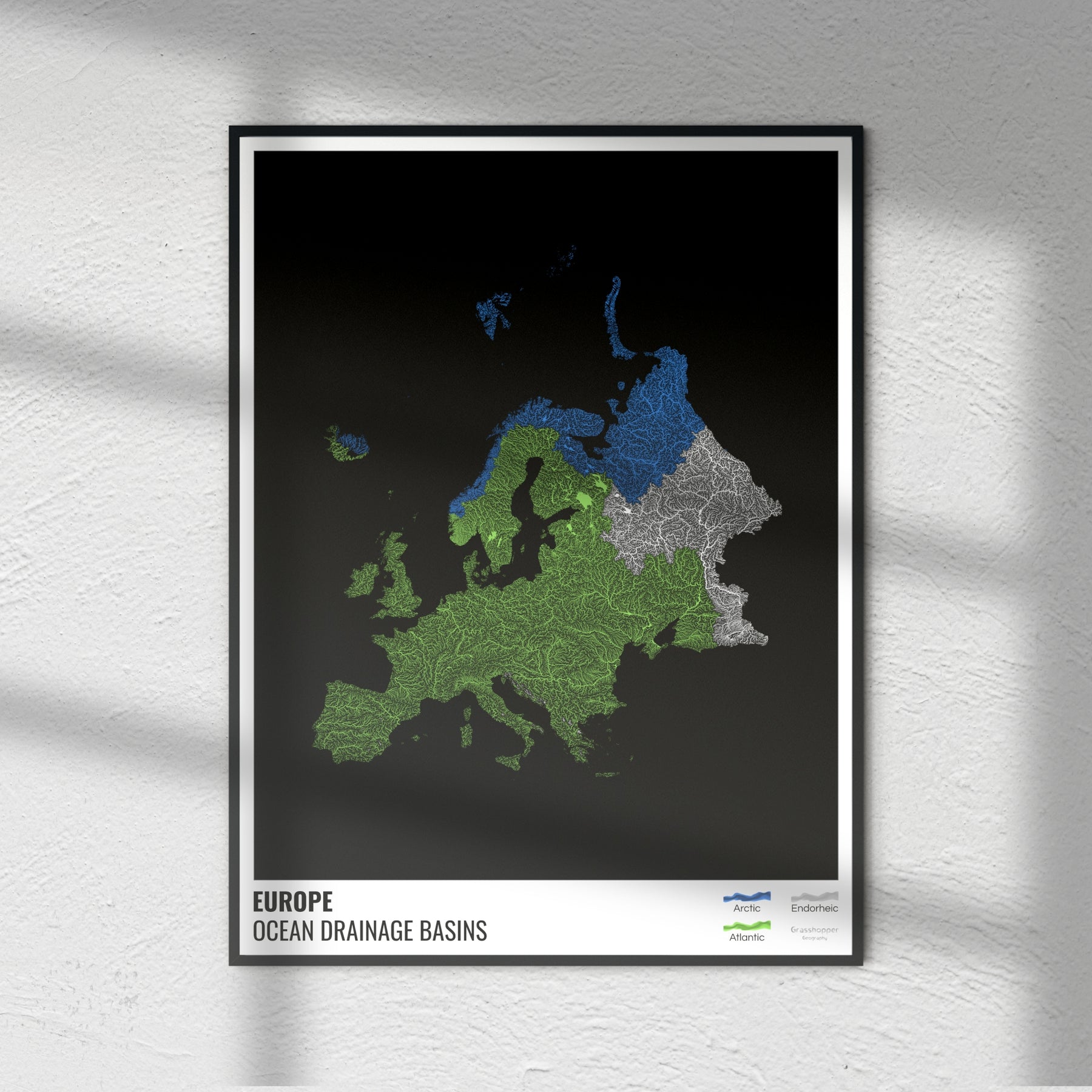 Europe Ocean Drainage Basin Map Black With Legend V1 Photo Art Pr