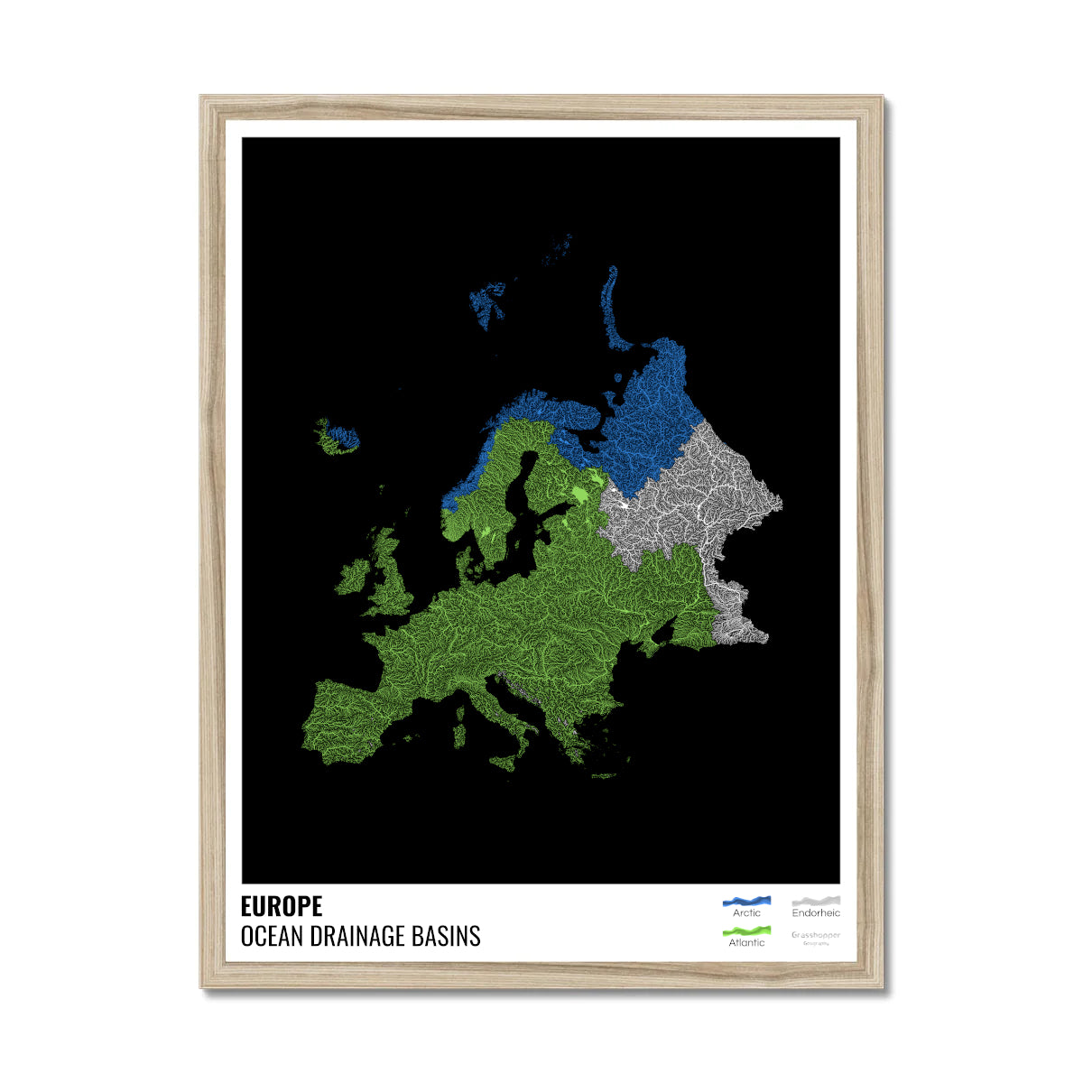 Europe - Ocean drainage basin map, black with legend v1 - Framed Print ...