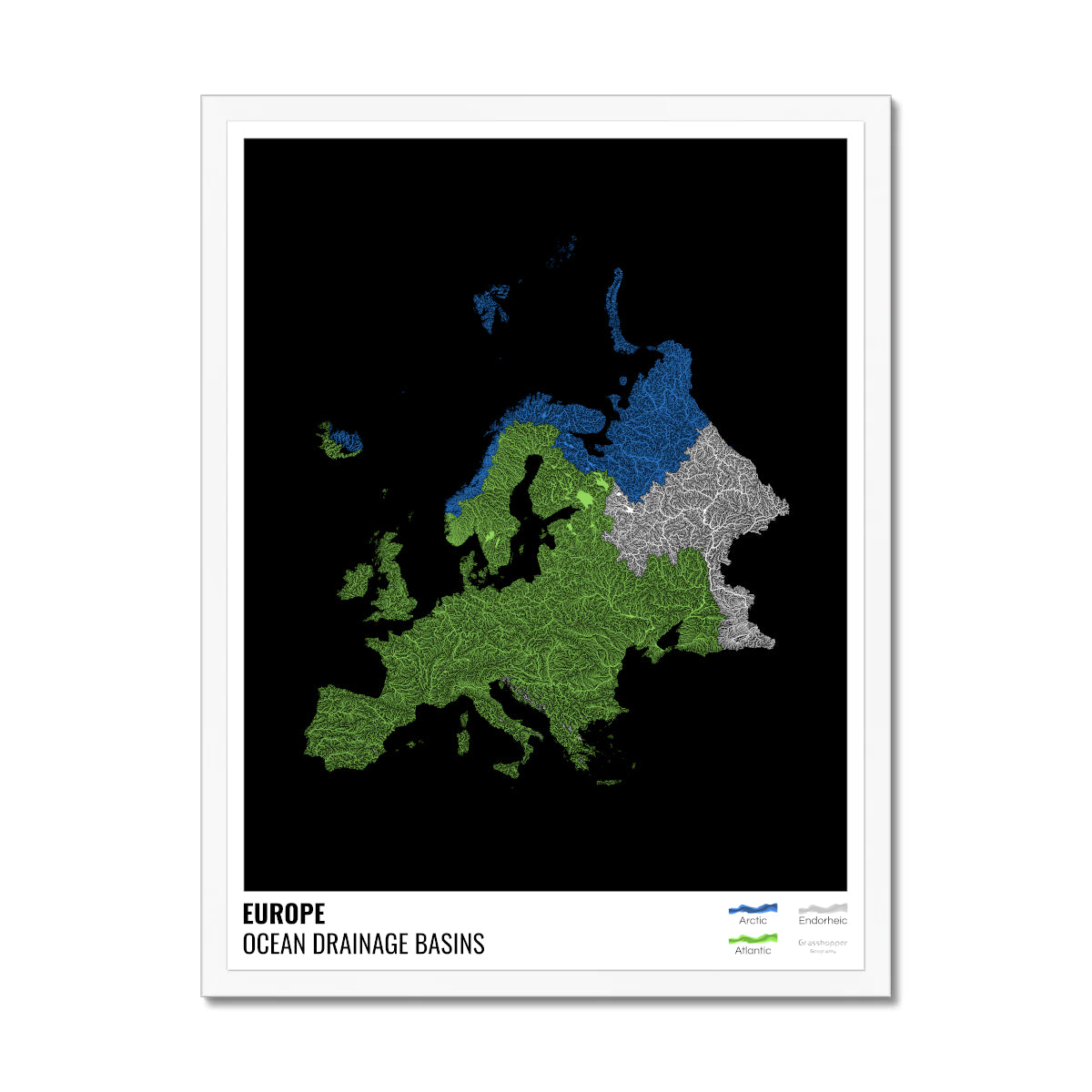 Europe Ocean Drainage Basin Map Black With Legend V1 Framed Print